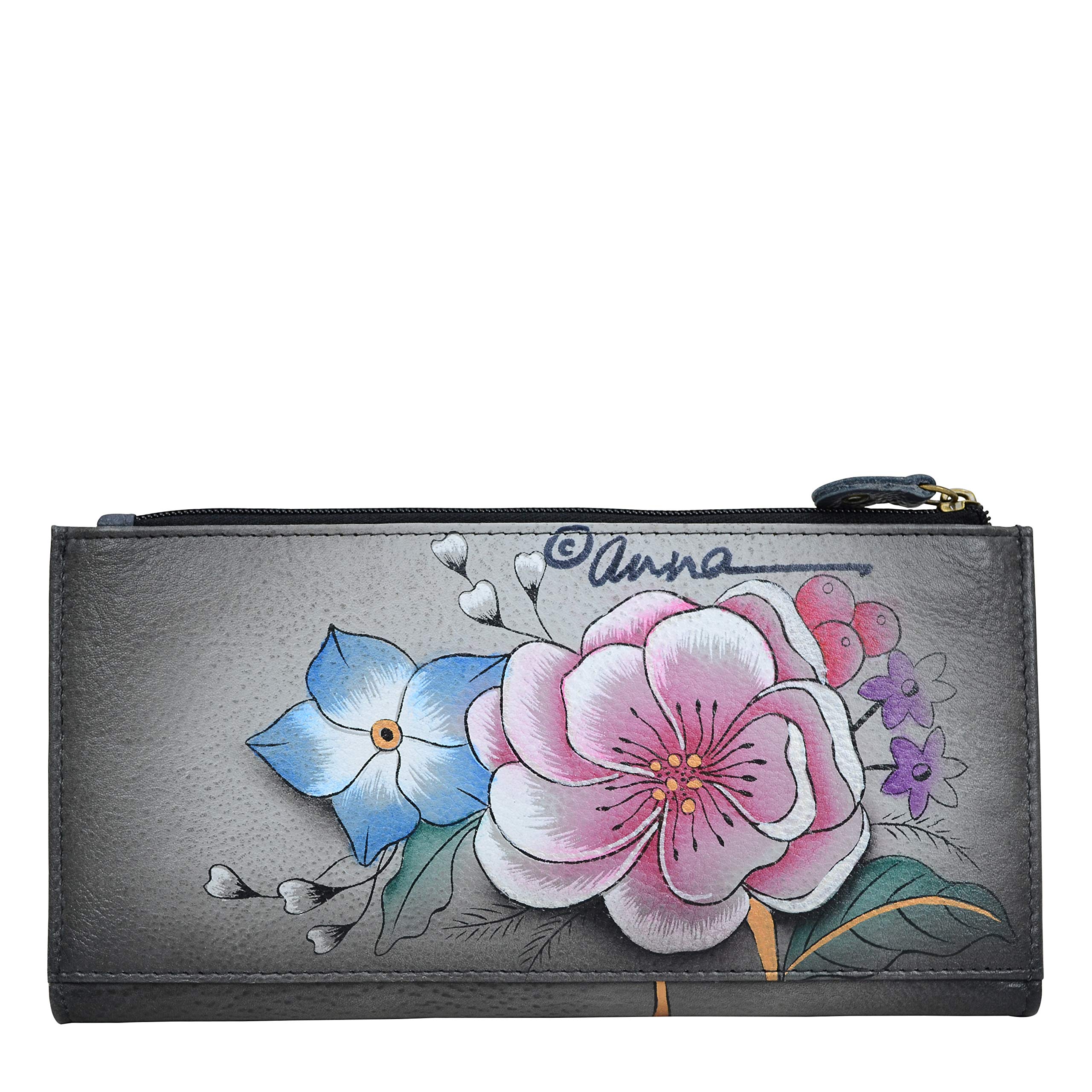 Anna by Anuschka Women's Hand-Painted Genuine Leather Two Fold Clutch Wallet - Vintage Garden Grey