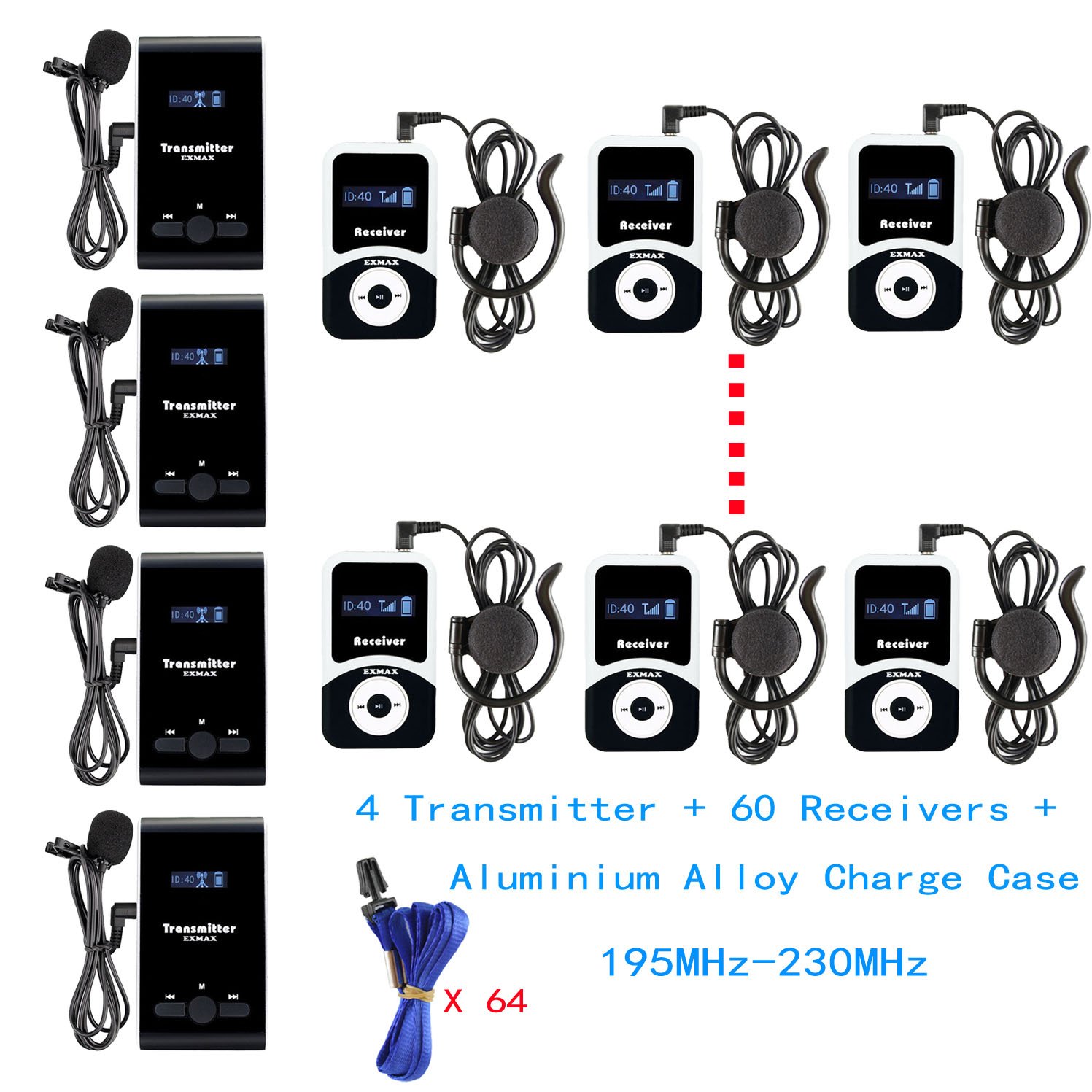 EXMAX Portable Interpreting Solutions ATG-100T 195MHz for Court Interpreters for Courthouses, Churches, International Conference(4 Transmitters and 60 Receivers + Aluminium Alloy Charge Case)