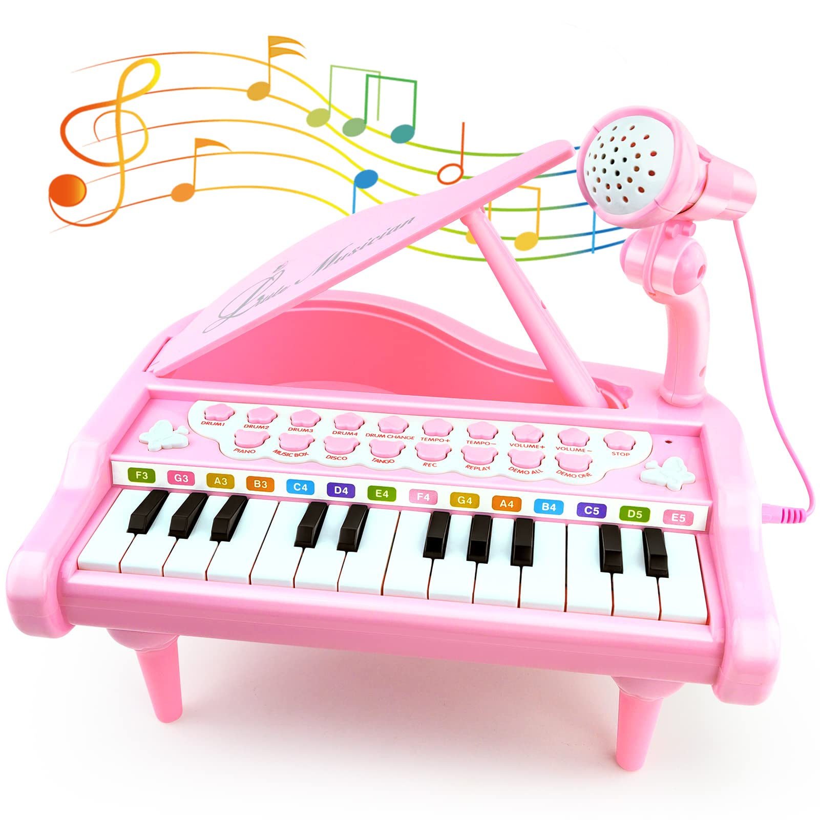 Litaonner Pink Piano Toys for 1+ Year Old Girls Gifts - 24 Keys Toddler Piano Keyboard Musical with Microphone, Kids Piano Toys for 2 Year Old Girls Birthday and Xmas Gift