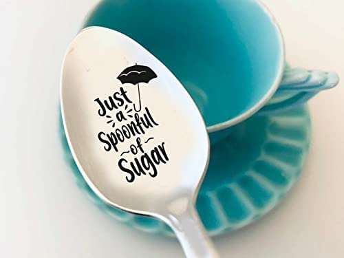 HappyBeeCo Just a Spoonful of Sugar Spoon for Friends or Dessert Sugar Coffee Lover Funny Birthday Gift Silver 7 inches