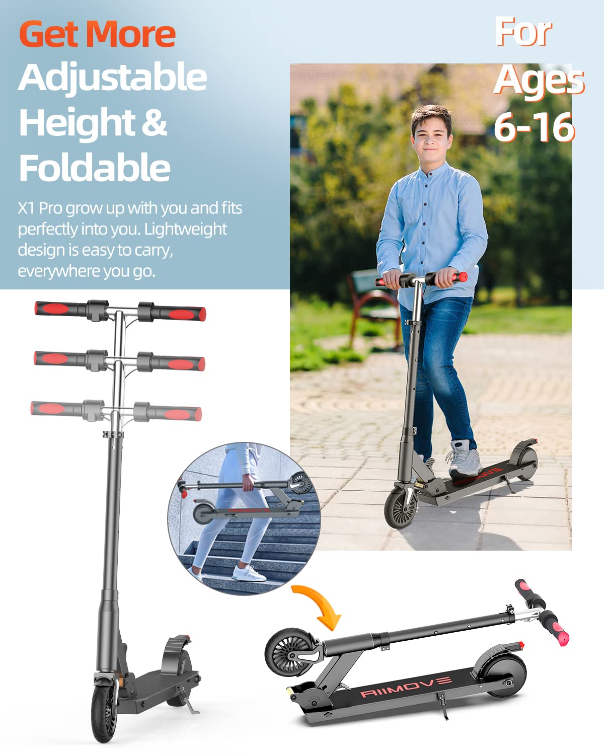 ALLMOVE Electric Scooter for Kids with 150W Motor Up to 11 Mph & 8 Miles, Foldable E-scooter Ages 6-16 with LCD Display, 3 Adjustable Speeds & Heights, Maximum 165 Ibs (Black)