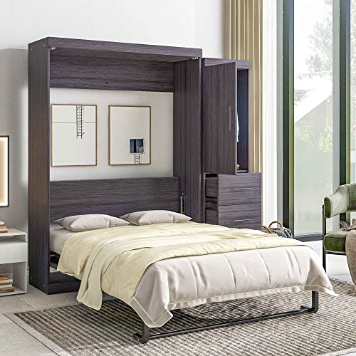 ATY Full Size Murphy Bed with Wardrobe and Drawers, Wood Storage Bedframe Can be Folded into a Cabinet, Bedroom Furniture, Save Space Design, No Box Spring Required, Gray