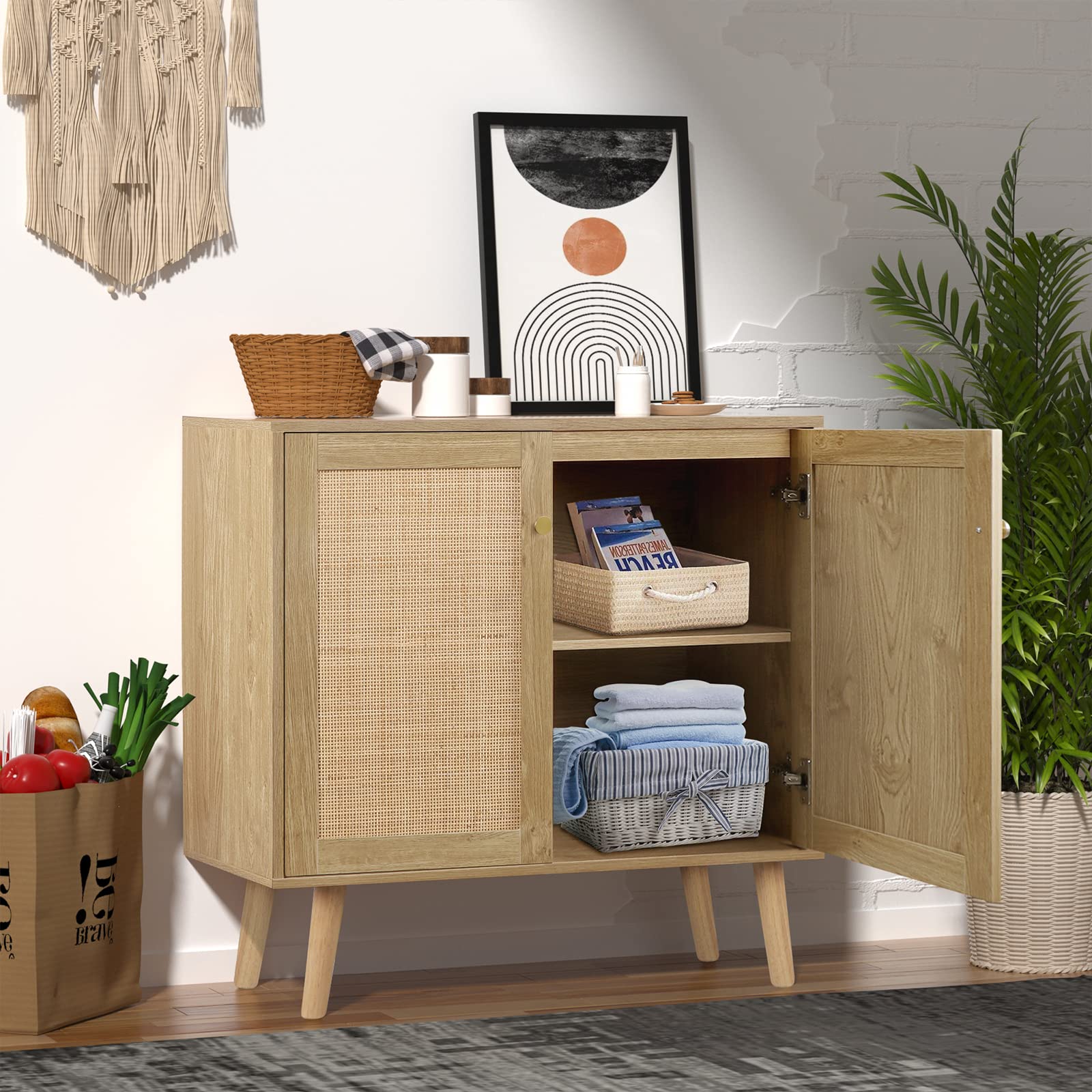 Anmytek Rattan Cabinet, 2 Door Sideboard Buffet Cabinet with Adjustable Shelf Wood Storage Cabinet for Living Room Dining Room Kitchen Hallway Entryway,H0082