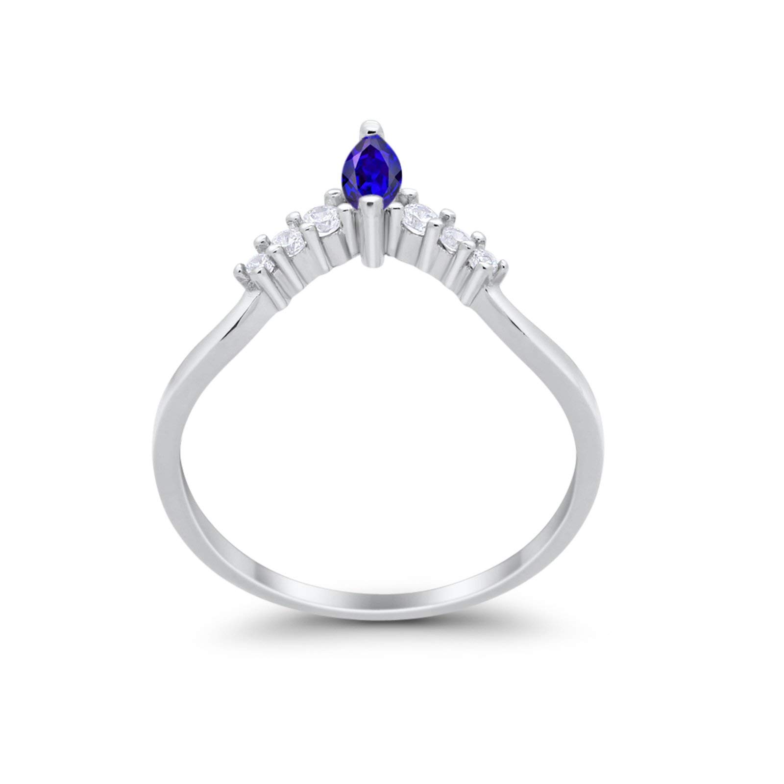 Art Deco Wedding Engagement Curved Chevron Midi Band Marquise Round Simulated Blue Sapphire Cubic Zirconia 925 Sterling Silver Size-6