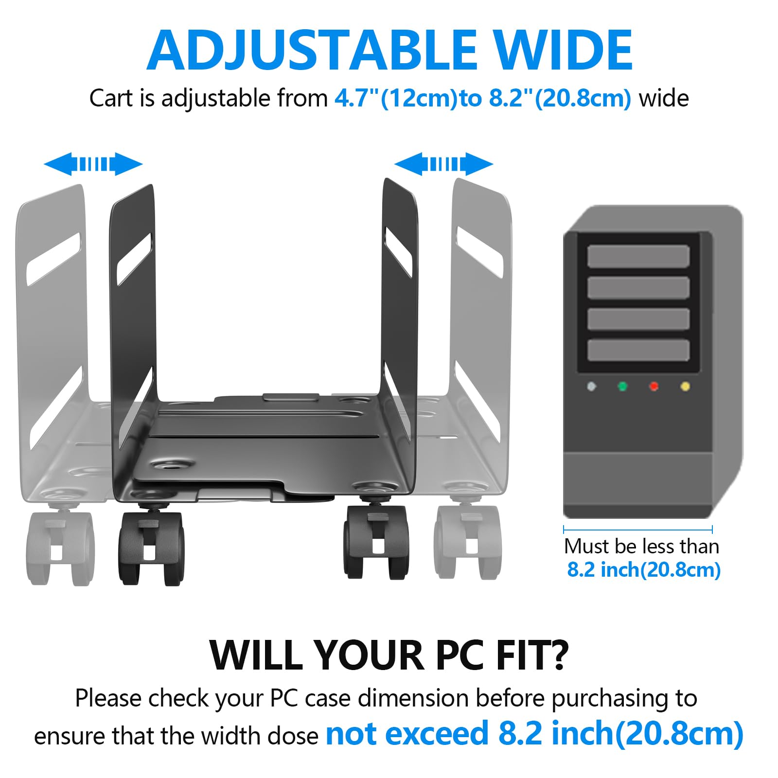 AGPTEK CPU Stand, Computer Tower Stand Adjustable Width from 4.7" to 8.2" with 2 Locking Wheels and 2 Caster Wheels, UPC Steel Rolling Stand Computer Stand for Desktop Tower (Black)