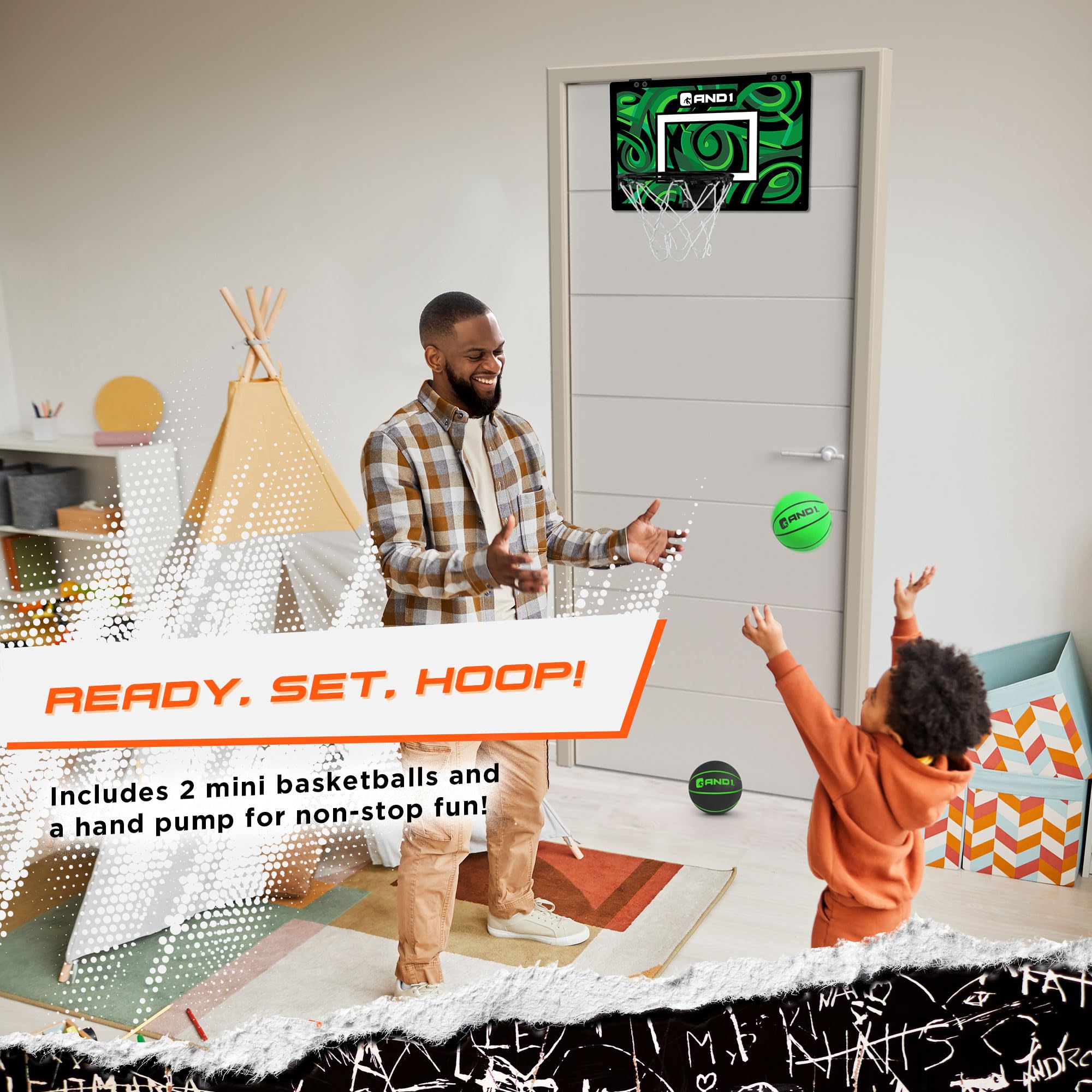 AND1 Over The Door [Mini Basketball] [Hoop]: - 18”x12” Pre-Assembled Portable with Flex Rim, Includes Two Deflated 5” – Teal/Pink (5A1GT0110L0E2)