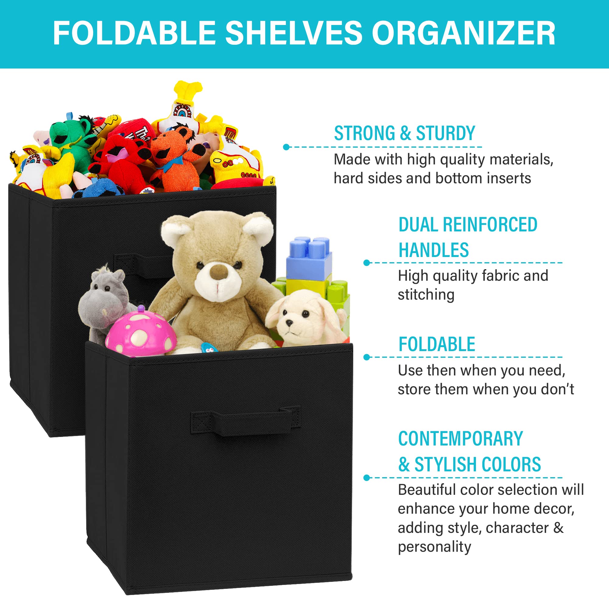 Klozenet Foldable Storage cubes 4-Pack, Fabric Organizer Bins / cube storage basket With Handle For Organizing cubby or Closet Shelves, Storage, Books, Cloth and Toys, (Black)