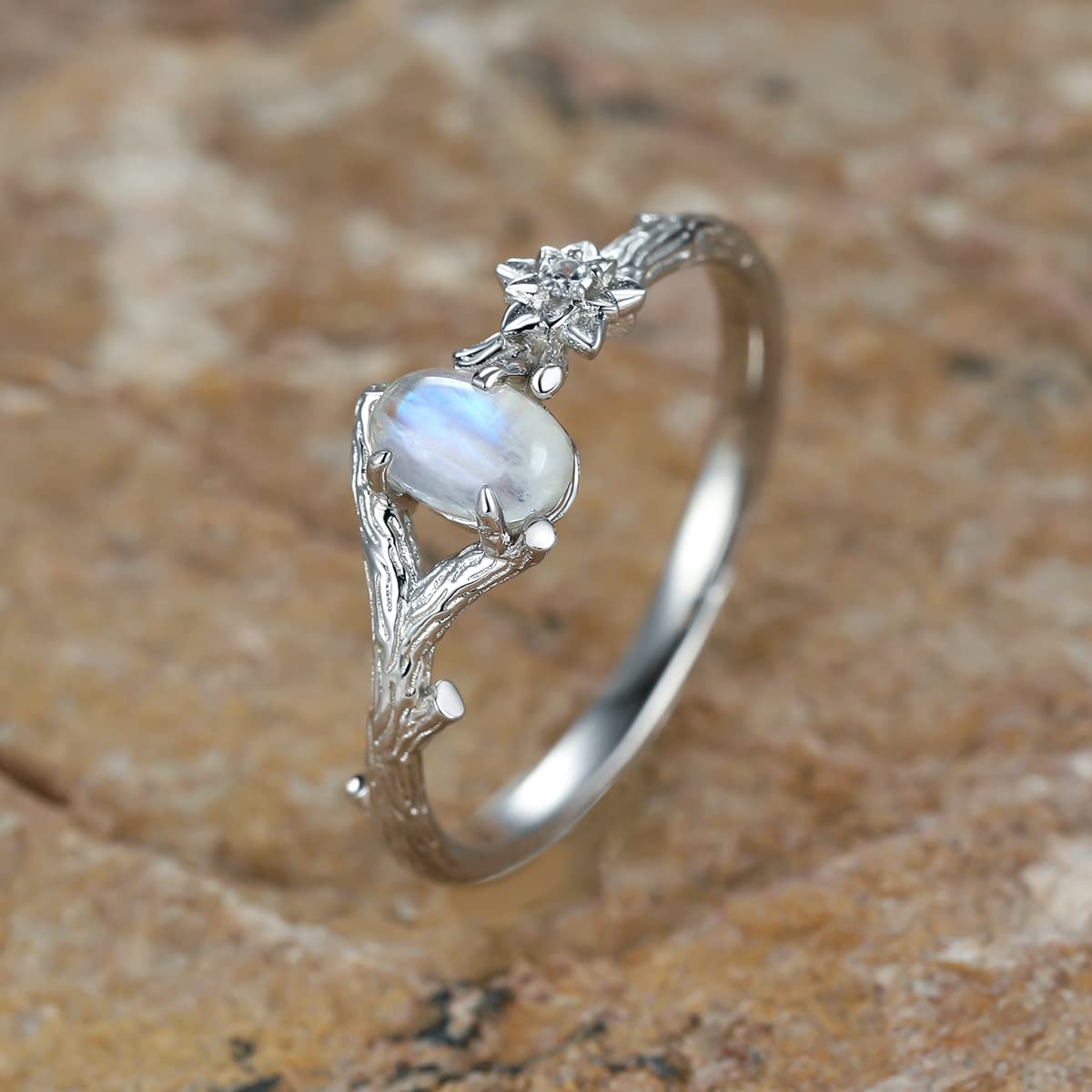 Angol Genuine Moonstone Ring Sterling Silver Moonstone Flower Ring Minimalist Statement Band Finger Ring Dainty Trendy with Box for Women (7)