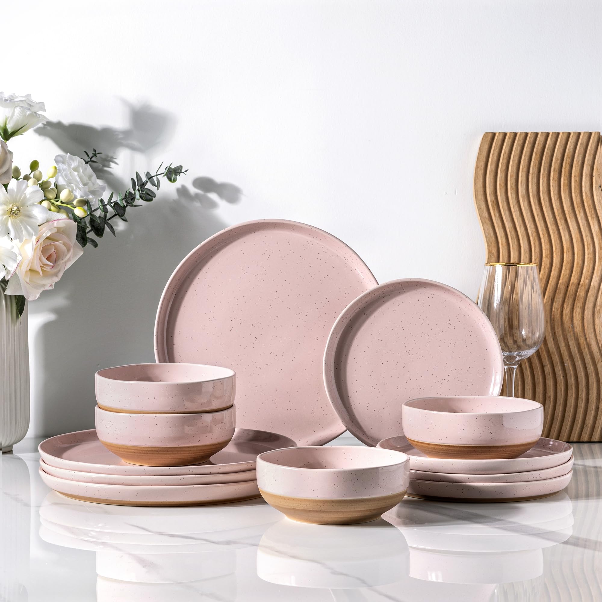 AmorArc Ceramic Dinnerware Sets for 4, 12 Pieces Handpainted Plates and Bowls Set with Wavy Rim, Chip and Scratch Resistant Stoneware Dishes Set, Dishwasher & Microwave Safe, Light Blue
