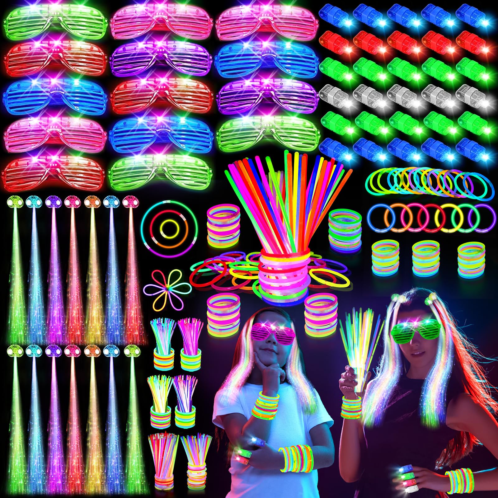 SHQDD158 PCS Glow in the Dark Party Supplies,14PCS LED Glasses, 30LED Finger Lights, 14LED Light Hairs and 100PCS Glow Sticks Bracelets, New year Party Favors for New Year, Wedding, Concert,Neon Party