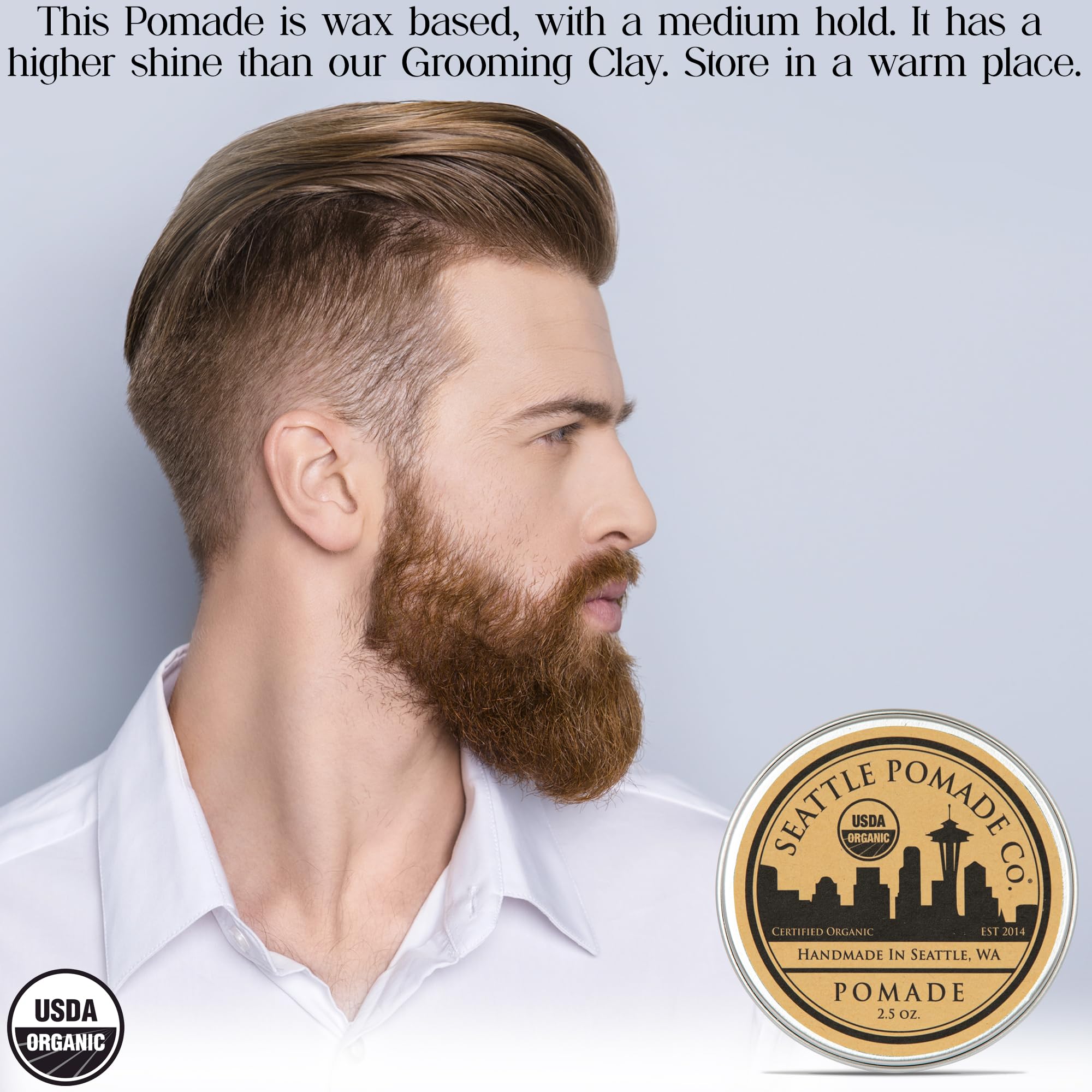Seattle Pomade Co. USDA Certified Organic Pomade. Medium Hold & High Shine, Hair Styling Formula for Straight, Thick and Curly Hair. Non GMO