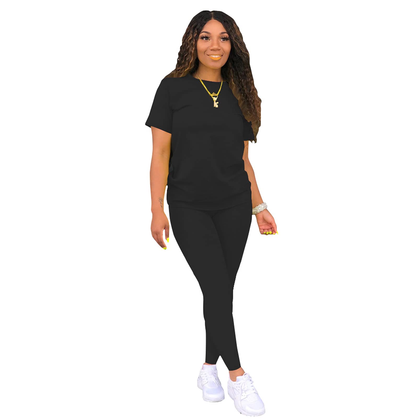 AOMONI Women Two Piece Outfits Tracksuit Summer Plus Size Top Pant Set Casual Short Sleeve T-shirt Black 3X-Large