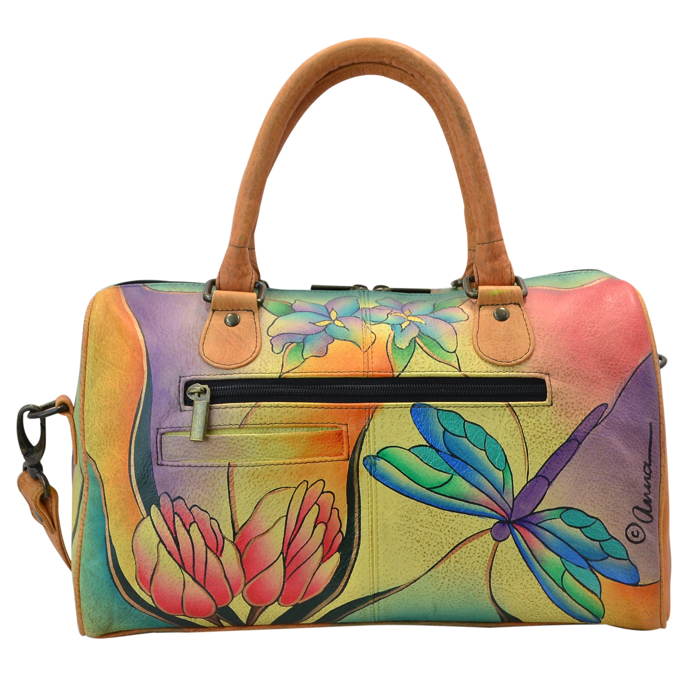 Anna by Anuschka womens Genuineleather Zip Around Satchel Handbag Genuine Leather, Dragonfly Glass Painting, No Size US