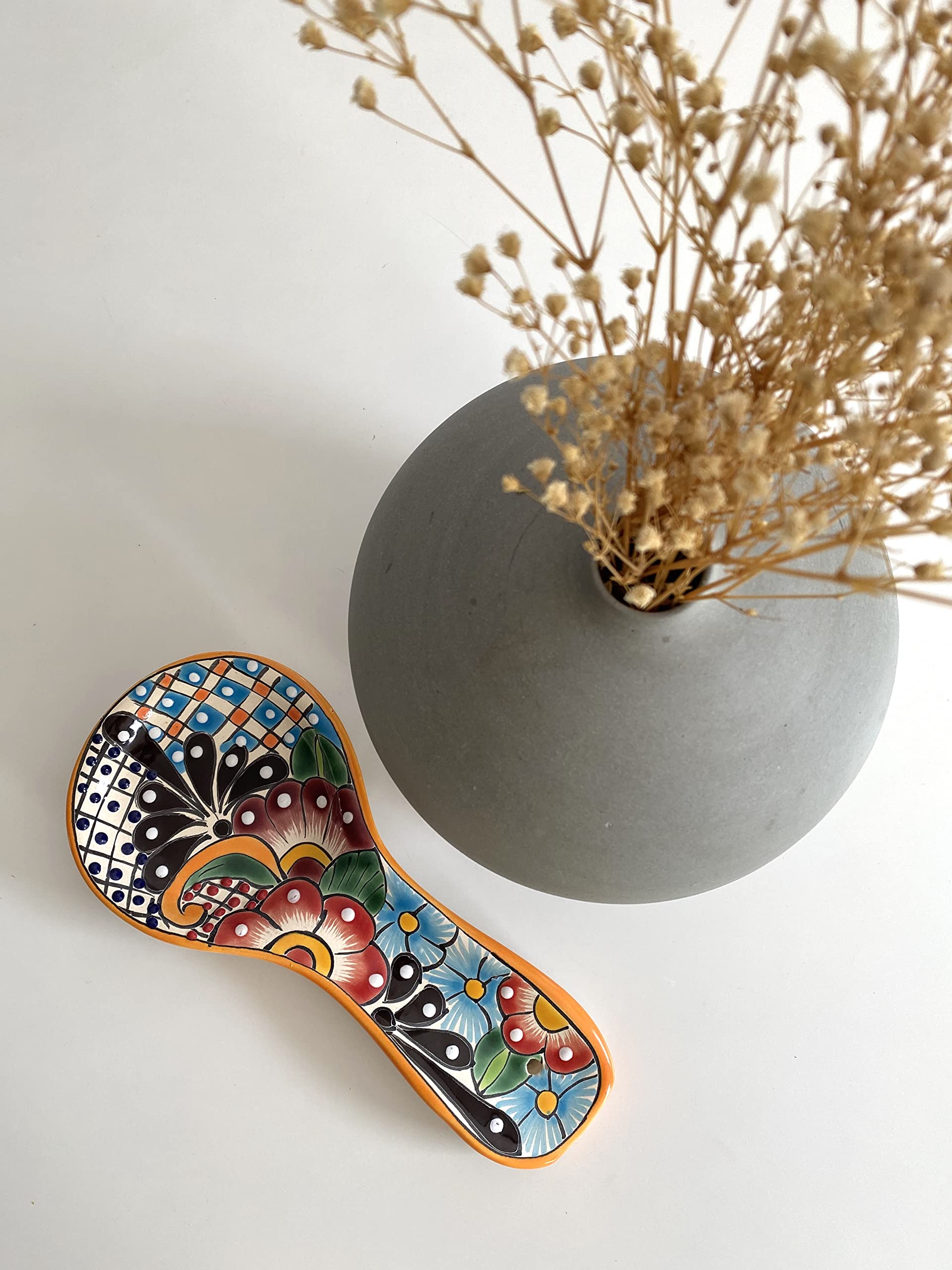 Colorful Ceramic Spoon Rest β Hand-Painted Large Talavera Kitchen Utensil Holder for Counter & Stove Top in Gift Box - Dishwasher Safe Lead Free Cooking Ladle Dish Mexican Style Cuchara Multicolor