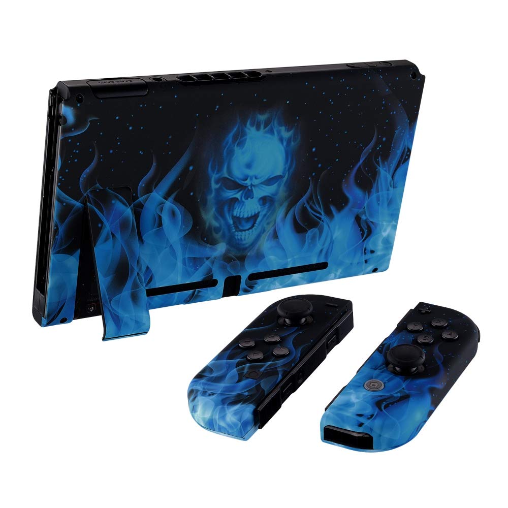 eXtremeRate DIY Replacement Shell Buttons for Nintendo Switch, Soft Touch Back Plate for Switch Console, Custom Housing Case with Full Set Buttons for Joycon Handheld Controller - Blue Flame Skull