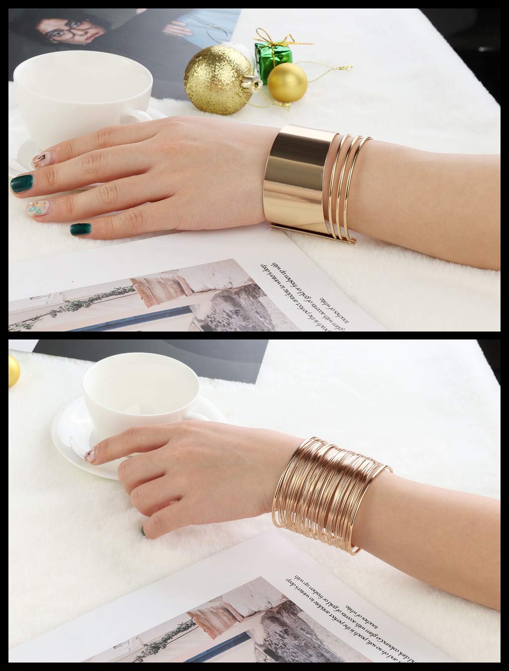 Besteel 2 Pcs Cuff Bangle Bracelet Set for Women Open Wide Wire Bracelets Adjustable Gold Sliver-Tone Plated (Gold-tone A)