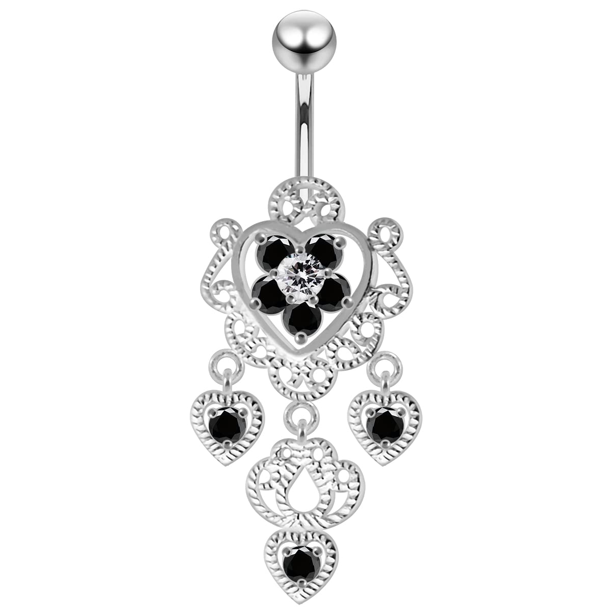 AtoZ Piercing Black Crystal Stone Fancy Chandelier Heart with Flower Dangling 925 Sterling Silver with Stainless Steel Belly Button Rings