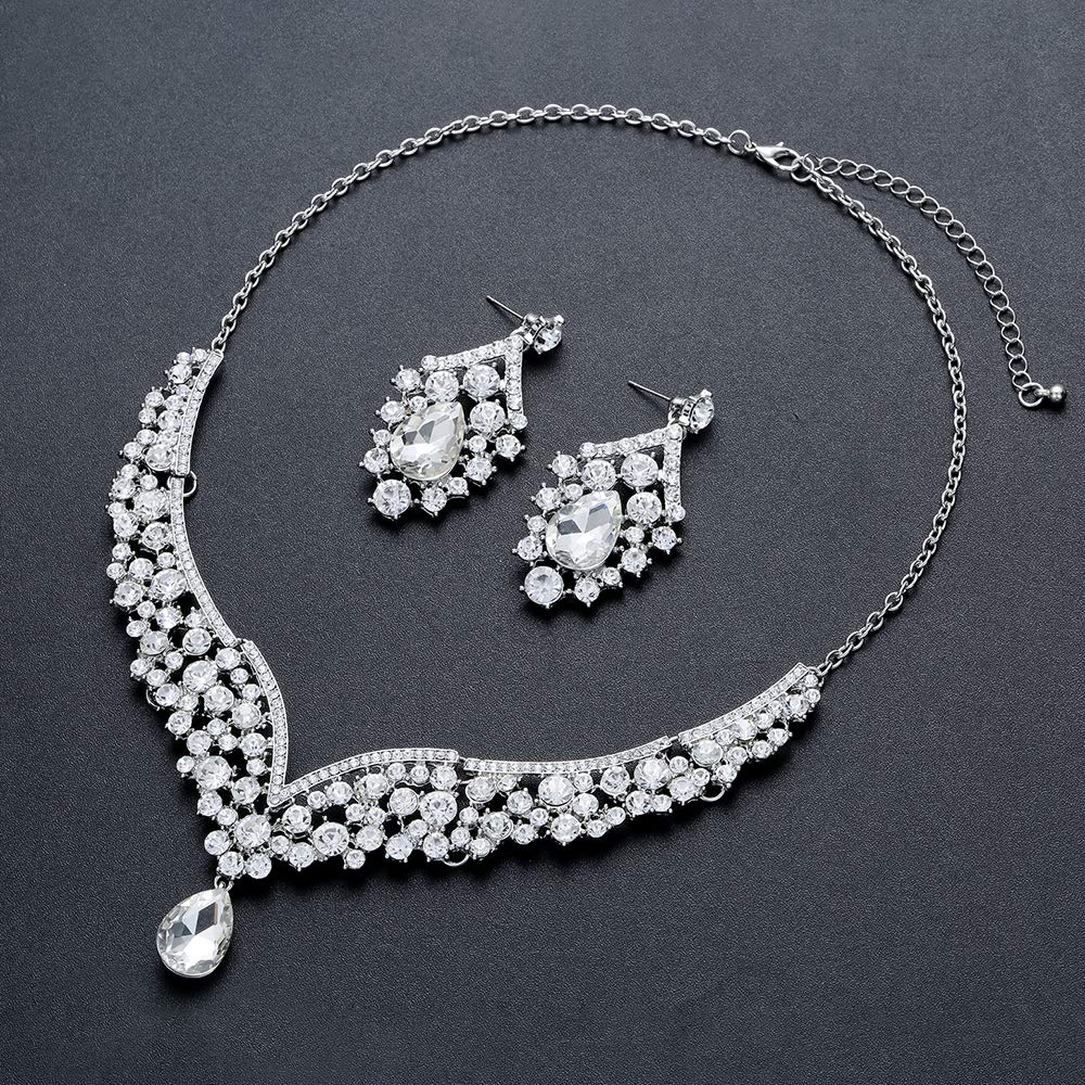 Hapibuy Crystal Bridal Wedding Necklace and Earrings Jewelry Set For Women and Brides