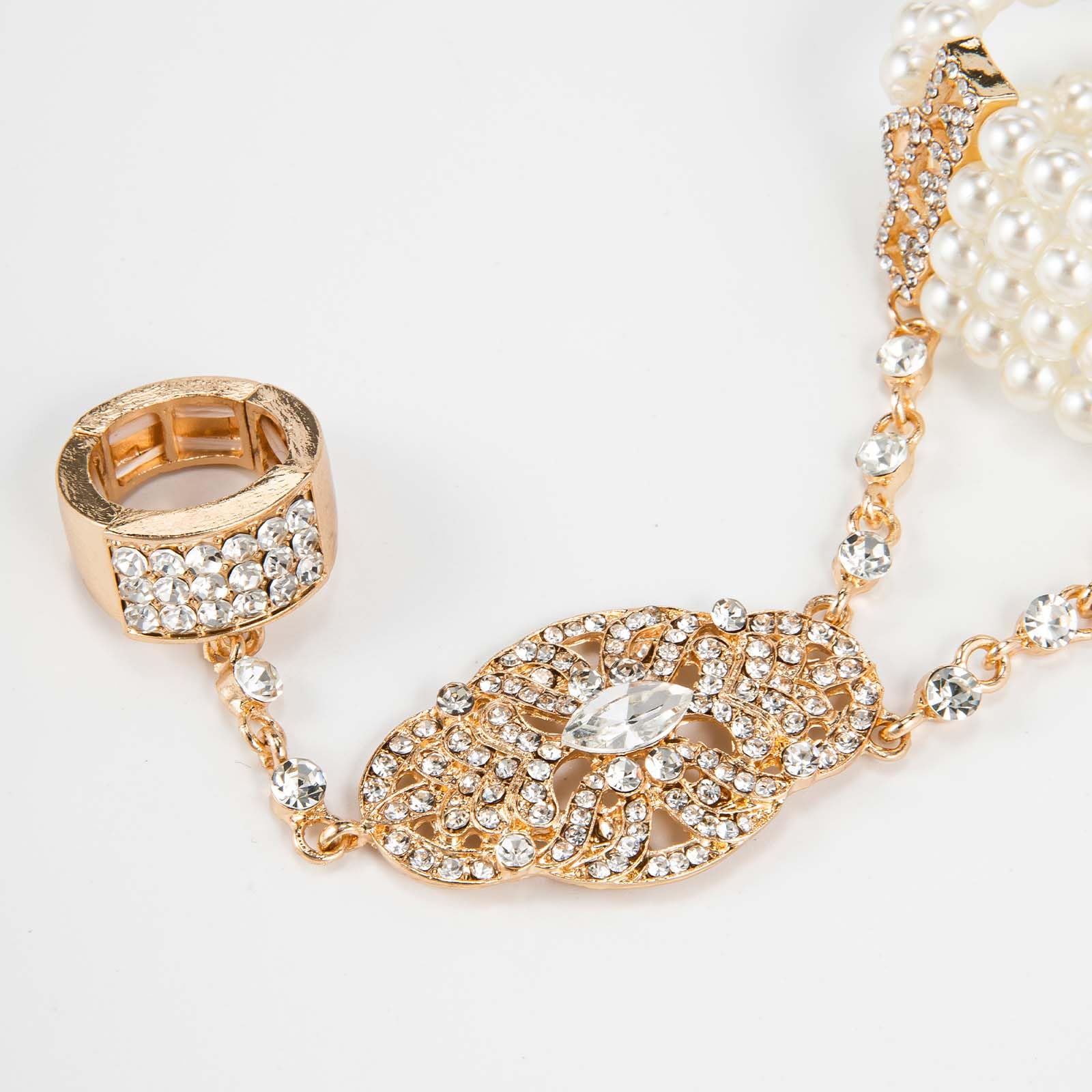 BABAYOND 1920s Flapper Bracelet Ring Set Roaring 20s The Great Gatsby Austrian Crystals Imitation Pearl Bracelet Accessory (Gold)