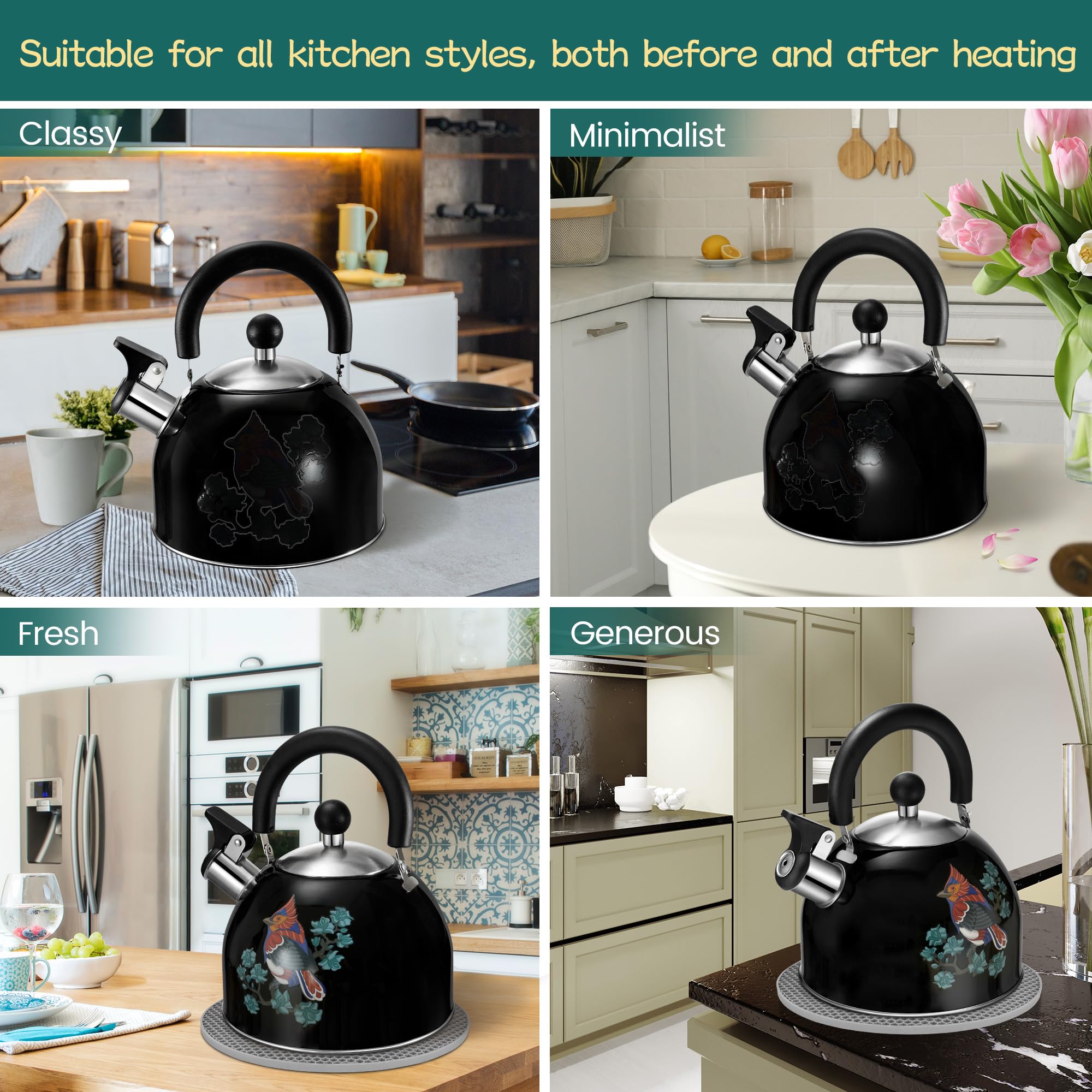 ARC Stainless Steel Whistling Tea Kettle, Magic Color Changing Design 2-Quart Stovetop Kettle Whistle Kettle with Folding Cup & Trivet Mat