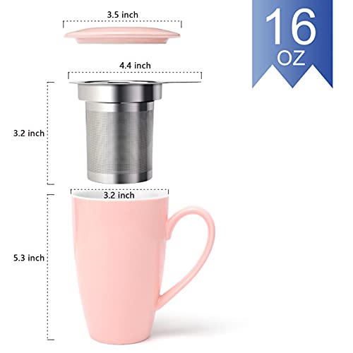 amhomel Porcelain Tea Mug with Infuser and Lid, 16 Ounce Ceramic Tea Cup for Loose Leaf, Coffee, Cocoa and Milk, Tea Gift for Tea Lovers, Set of 2(Pink and White)