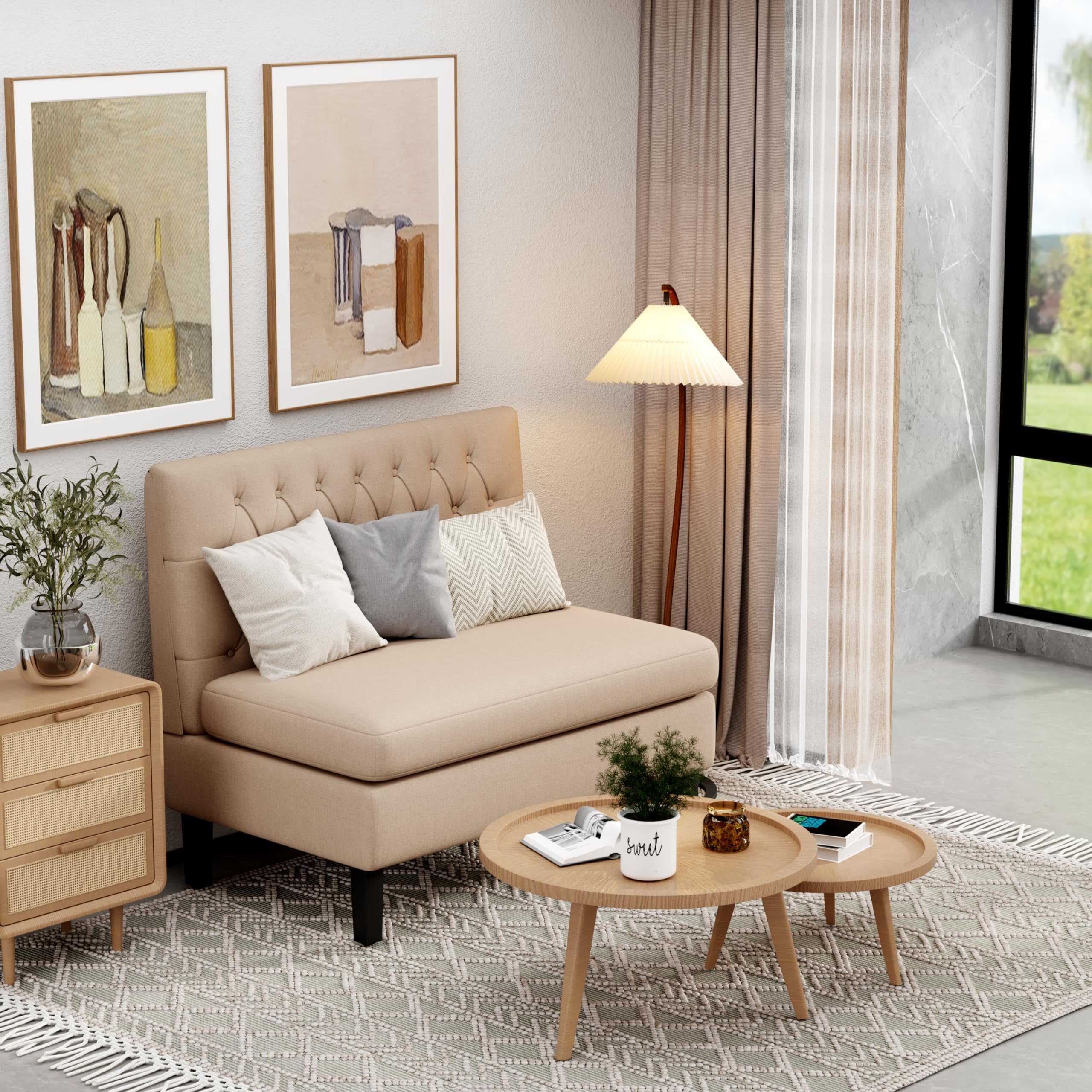 Andeworld Modern Loveseat Settee Button Tufted Sofa Couch Upholstered Banquette Dining Bench High Back Living Room Funiture (Khaki 1)