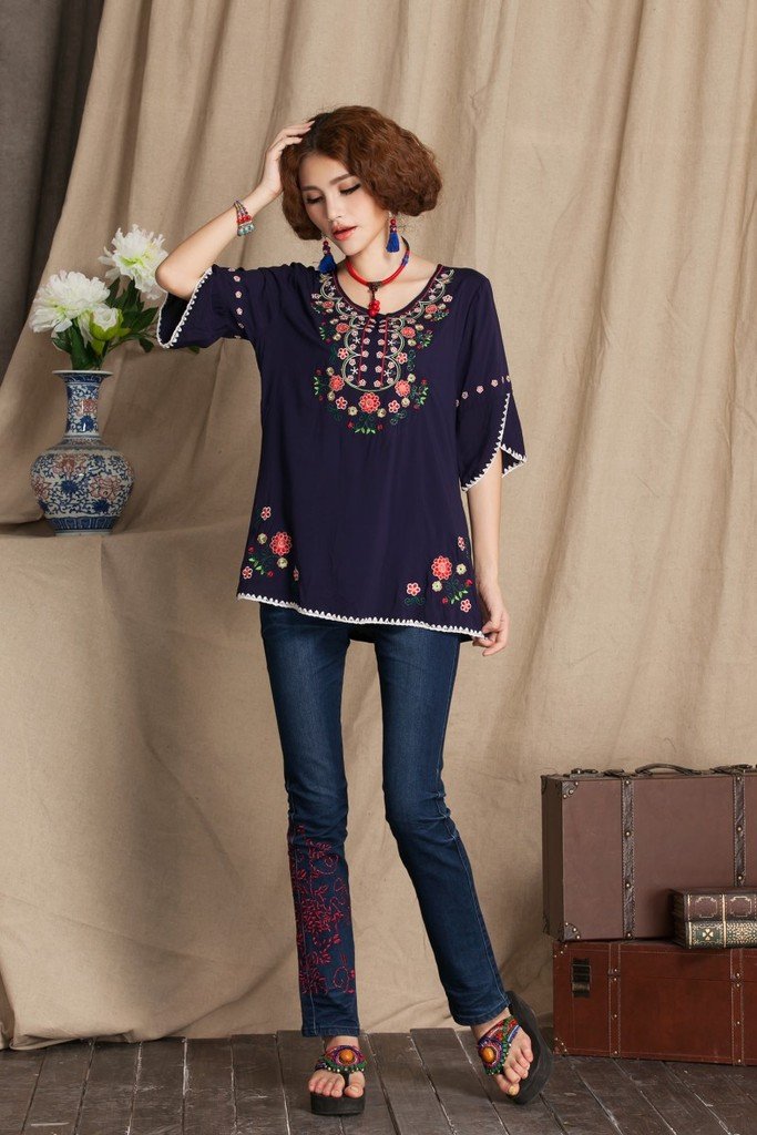 Ashir Aley Bell Sleeve Womens Girls Embroidered Cotton Peasant Tops Mexican Bohemian Shirts Blouses (L,Navy Blue)
