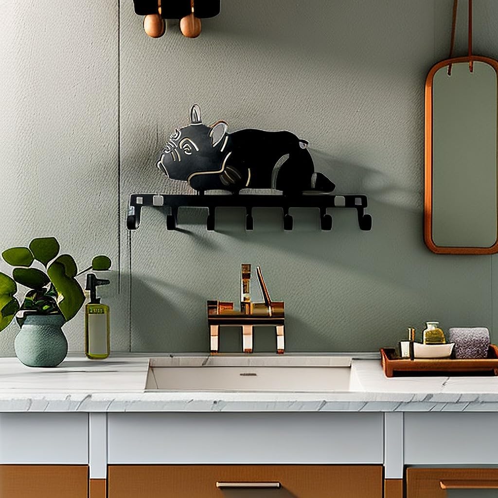 Ctpeng Dog Leash Holder for Wall,Decorative Leash Holder Wall Mount with 7 Hooks,Black Metal Key Organizer Rack Dog Leash Hanger for Entryway,Front Door,Hallway & Office(10.83X6.1 inches)