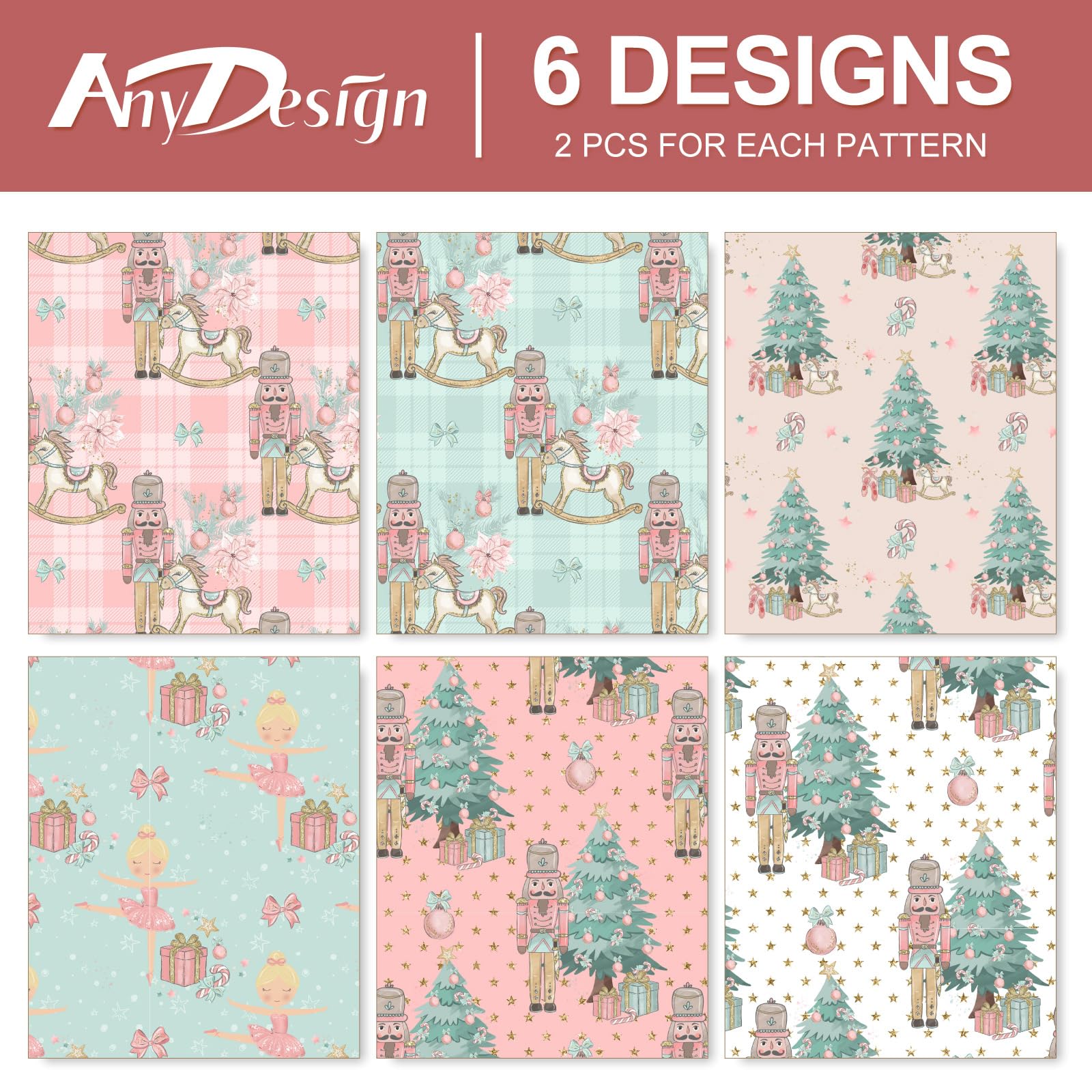AnyDesign 12 Sheet Christmas Wrapping Paper Pink Nutcracker Gift Wrap Paper Folded Flat DIY Art Craft Paper for Birthday Party Baby Shower Packaging, 19.7 x 27.6 Inch