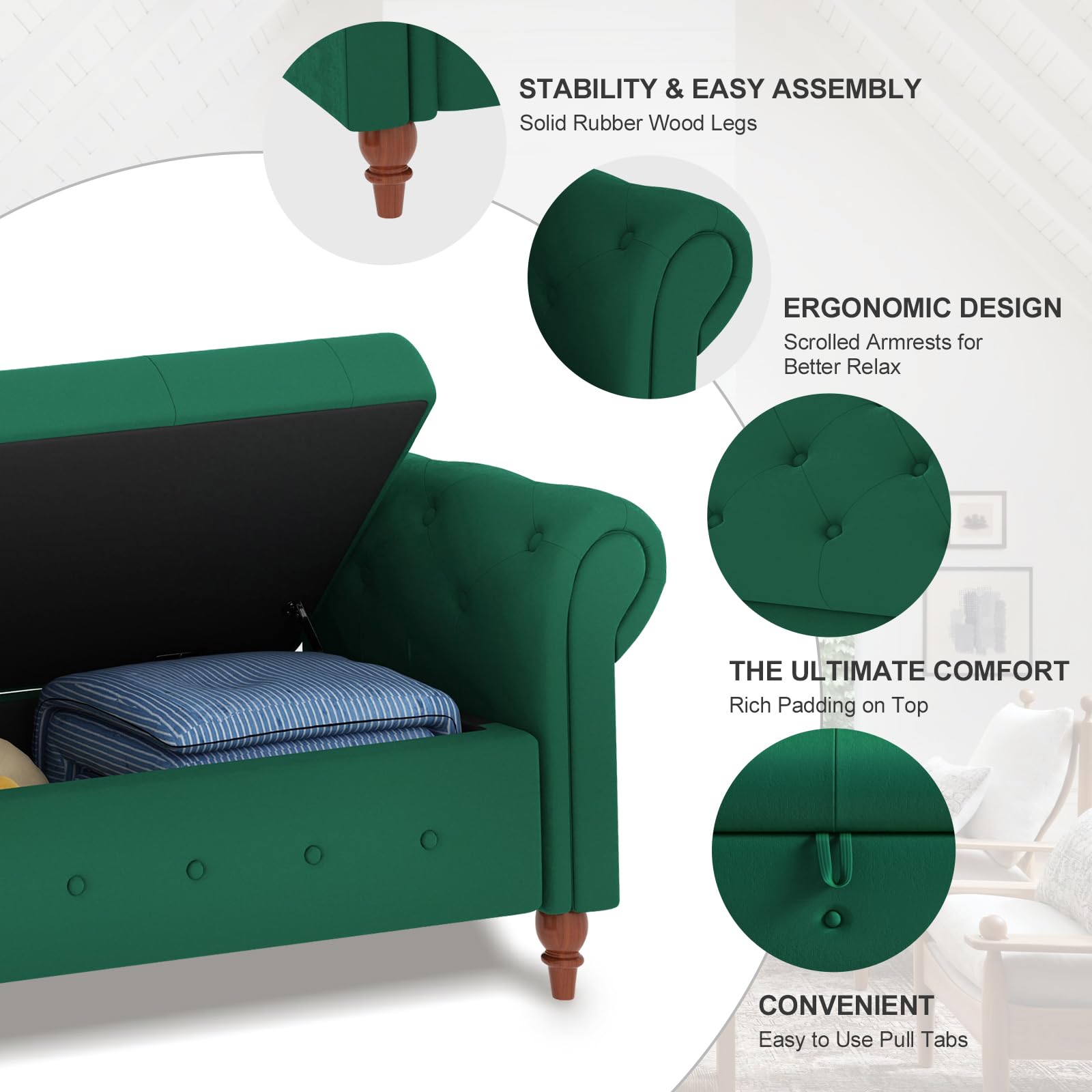 ayoodfo Storage Bench for Bedroom End of Bed, 63" Button Tufted Ottoman Bench, Rolled Armed Couch Long Bench Upholstered Window Bench for Bedroom, Living Room, Entryway, Dark Green