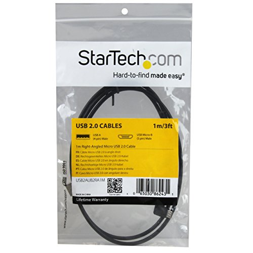 StarTech.com 1m 3 ft Micro-USB Cable with Right-Angled Connectors - M/M - USB A to Micro B Cable - 3ft Right Angle Micro USB Cable (USB2AUB2RA1M), Black