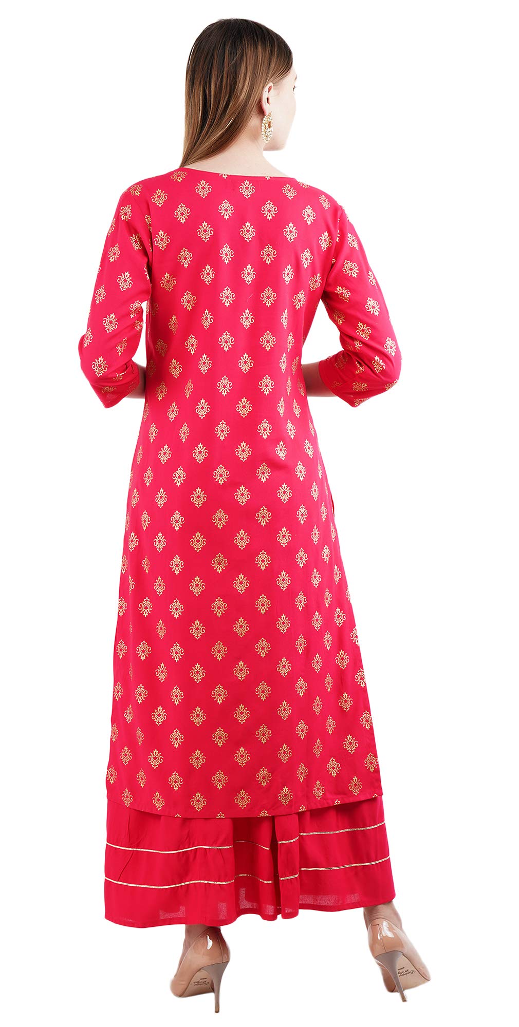 Arayna Women's Rayon Printed Kurta with Skirt Set, Red, Large
