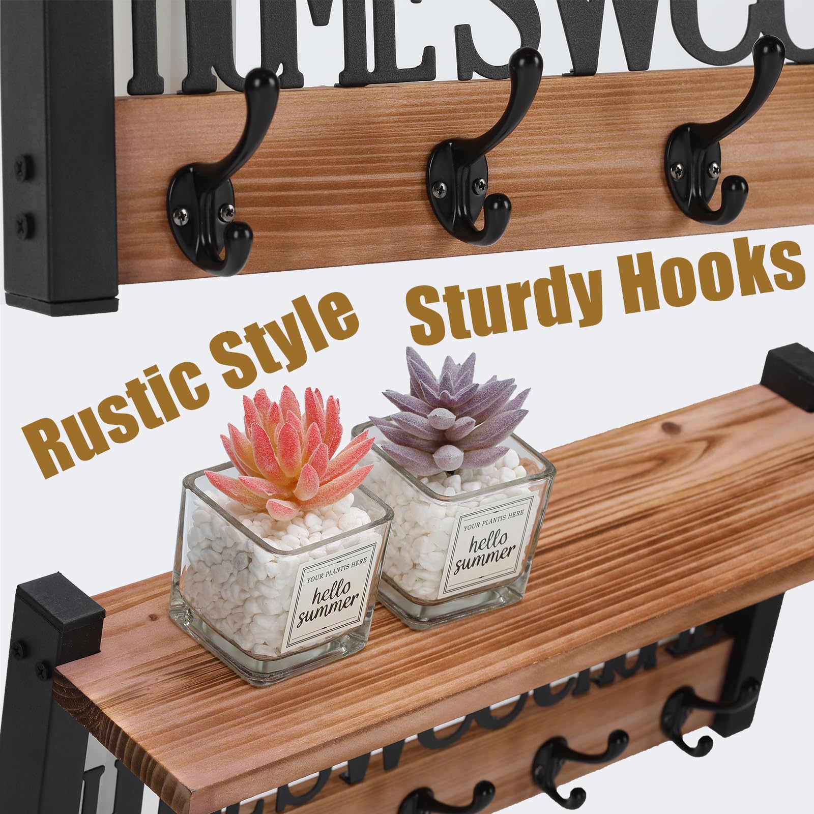 Awareisn Coat Rack Wall Mount Wood Shelf with Hooks Key Holder Wall Mount 5 Metal Hooks Towel Holder Coat Hanger Entry Way Home Organizer for Clothes Hats Backpack Bathroom Bedroom Rustic White