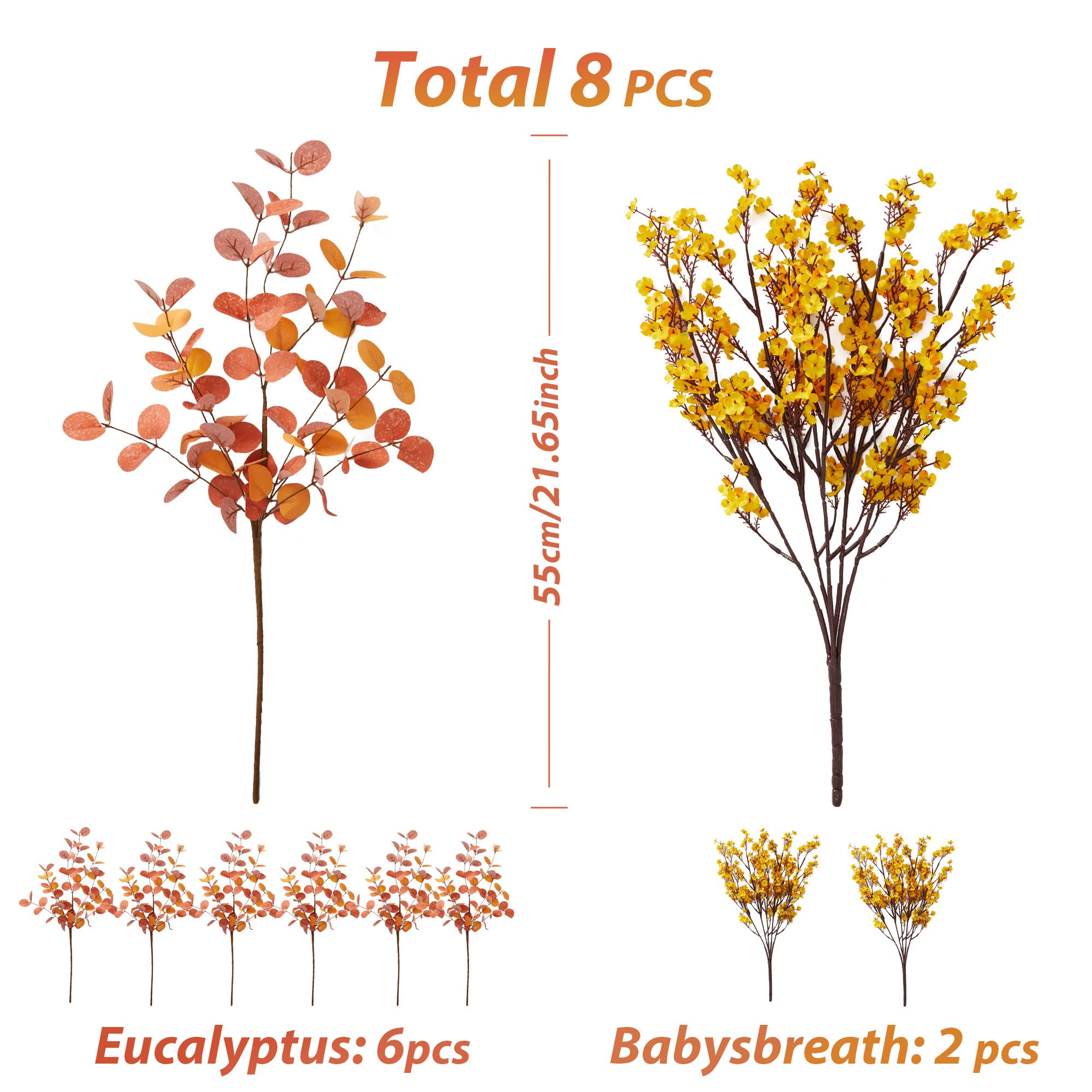 Anna's Whimsy 8 Pcs Artificial Eucalyptus Stems and Fake Babys Breath Flower Fall Decorations Fall Leaves for Fall Home Decor