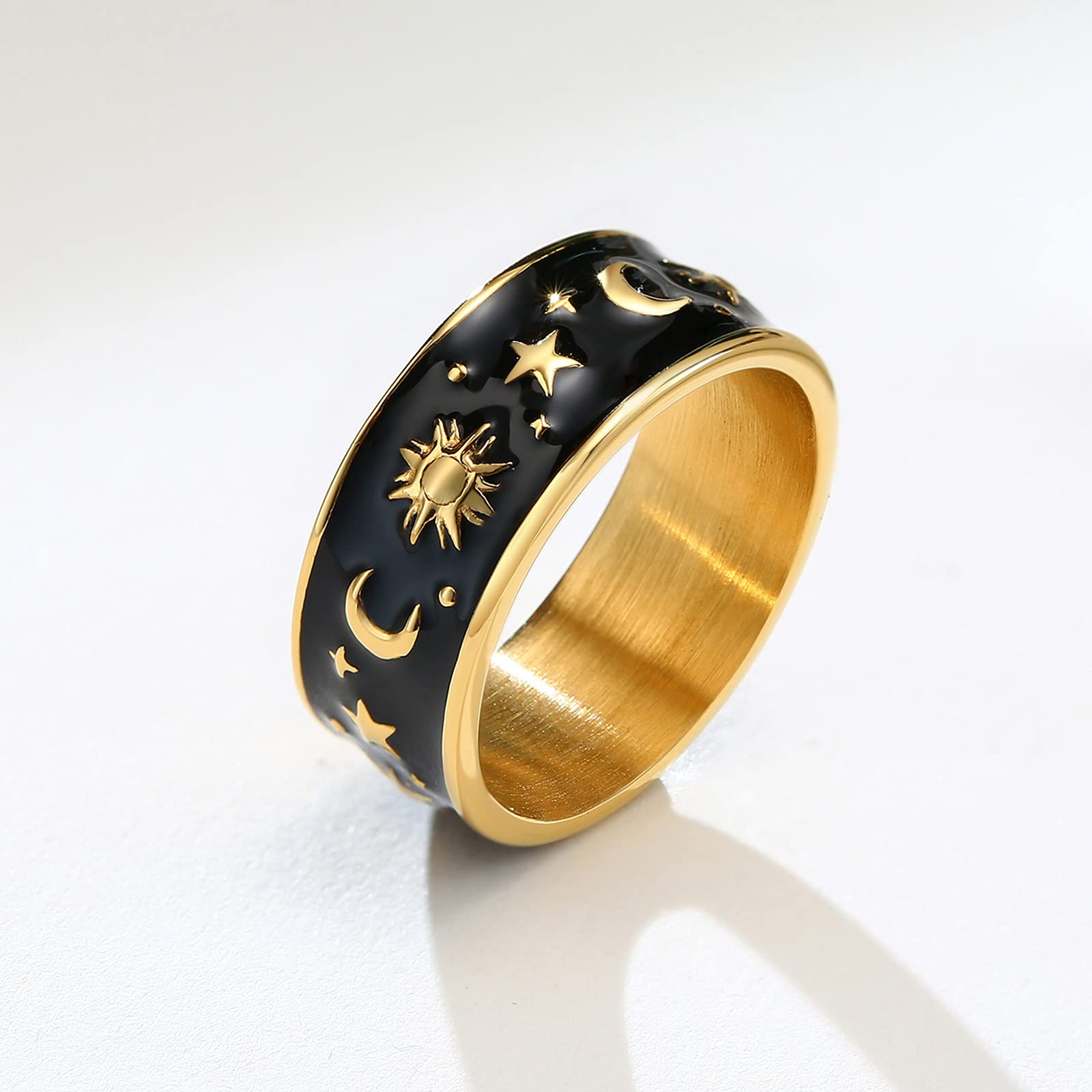 ANIEJUFI Stainless Steel Moon Star Sun Statement Ring Promise Engagement Wedding Rings Band for Men Women Black Gold Size 7