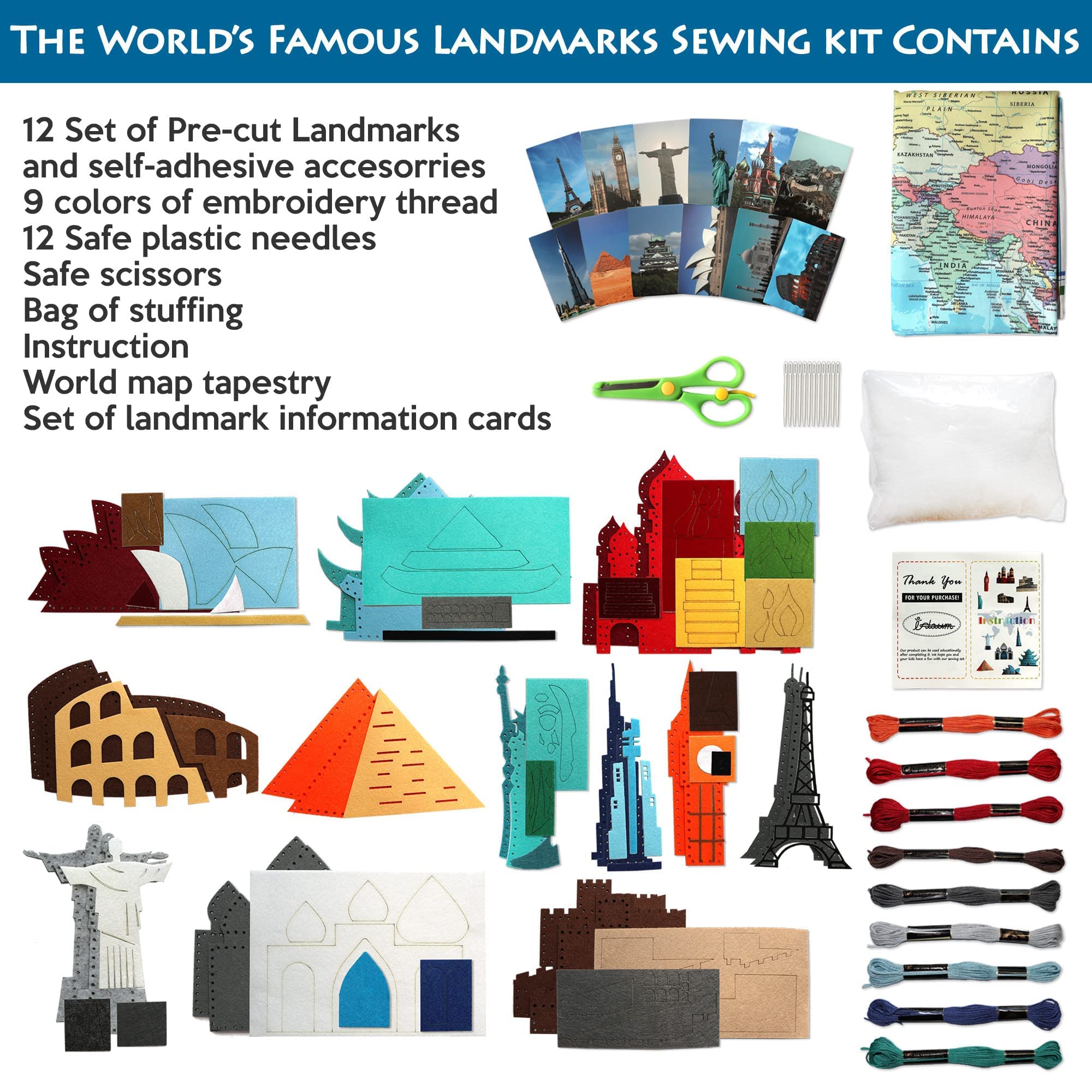 i-daum Sewing Kit for Kids - Worldwide Landmarks Craft kit w. World map, Information Cards, Educational Arts & Crafts Gift for Boys and Girls Ages 8-12, DIY Kid Felt Sewing Project Includes 37 Items