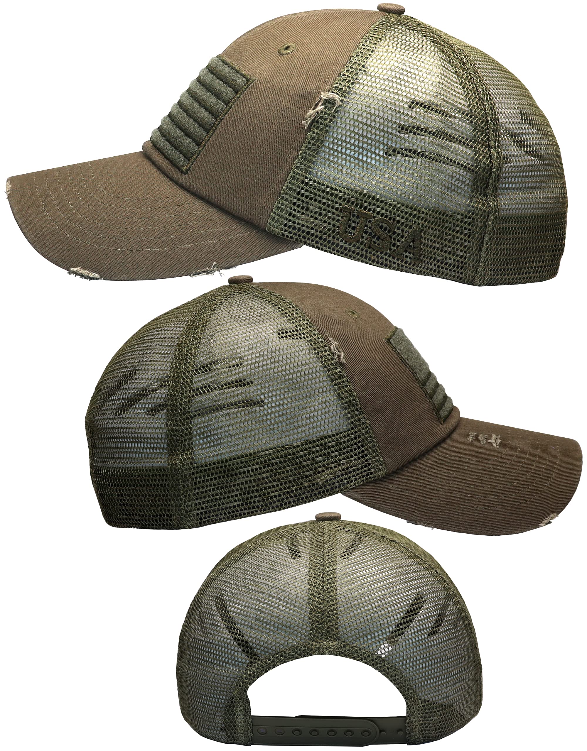 Antourage American Flag Unconstructed Hat for Men and Women Twill Mesh Snapback Baseball USA Flag Cap + 2 Patriotic Patches ((02) Olive Distressed Mesh Snapback)
