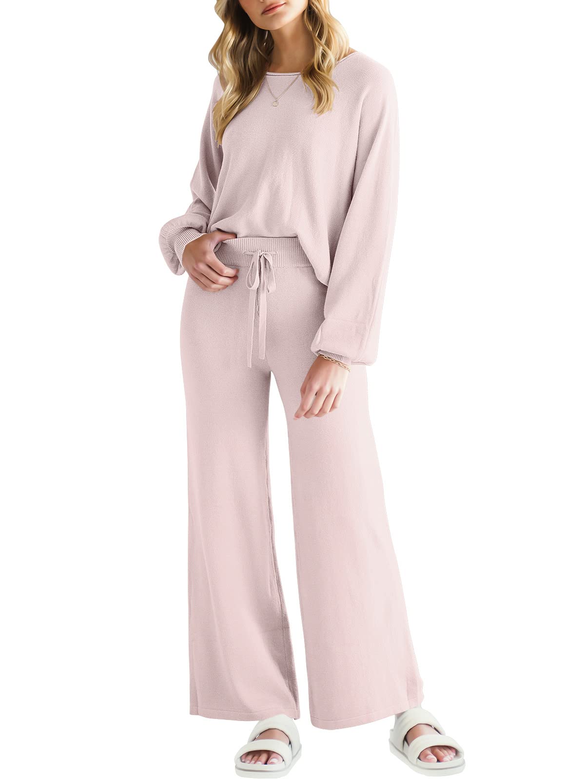 ANRABESS Women’s Two Piece Crop Top & Wide Leg Pants Lounge Sweater Sets 2024 Fall Knit Sweatsuits Cozy Trendy Outfits Pink Large