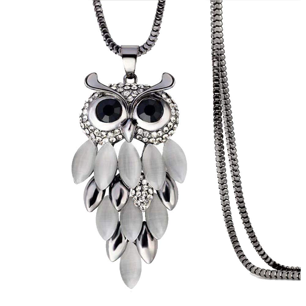 Ailiessy Dainty Crystal Owl Necklace Long Sweater Chain Rhinestone Owl Bird Necklace Pendant for Women(Black)