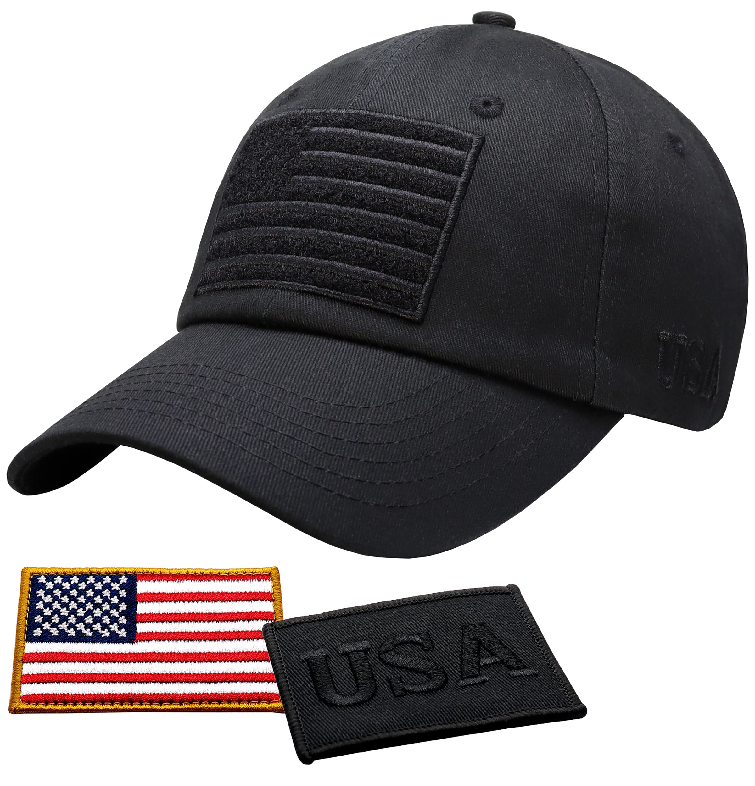 Antourage American Flag Unconstructed Hat for Men and Women Twill Mesh Snapback Baseball USA Flag Cap + 2 Patriotic Patches ((10.8) Black Classic)