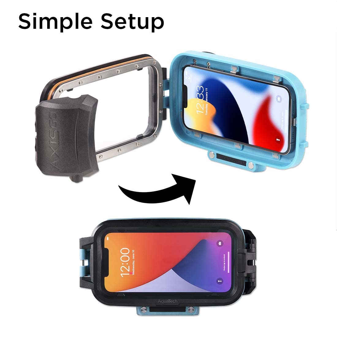 AquaTech AxisGO iPhone 14/13 Waterproof Phone Housing for Underwater Action Photography Snorkeling Surfing Travel Case - Tropical Teal