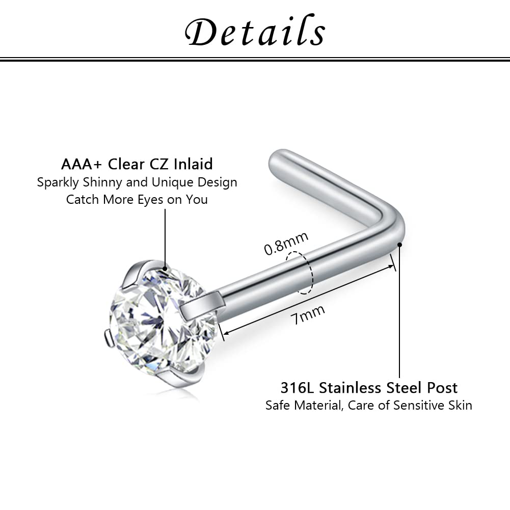 AVYRING 18G Nose Studs Nostril Ring L Bar Shape Surgical Steel Piercing Jewelry for Women Nose Rings Studs CZ 1.5mm/2mm/2.5mm/3mm