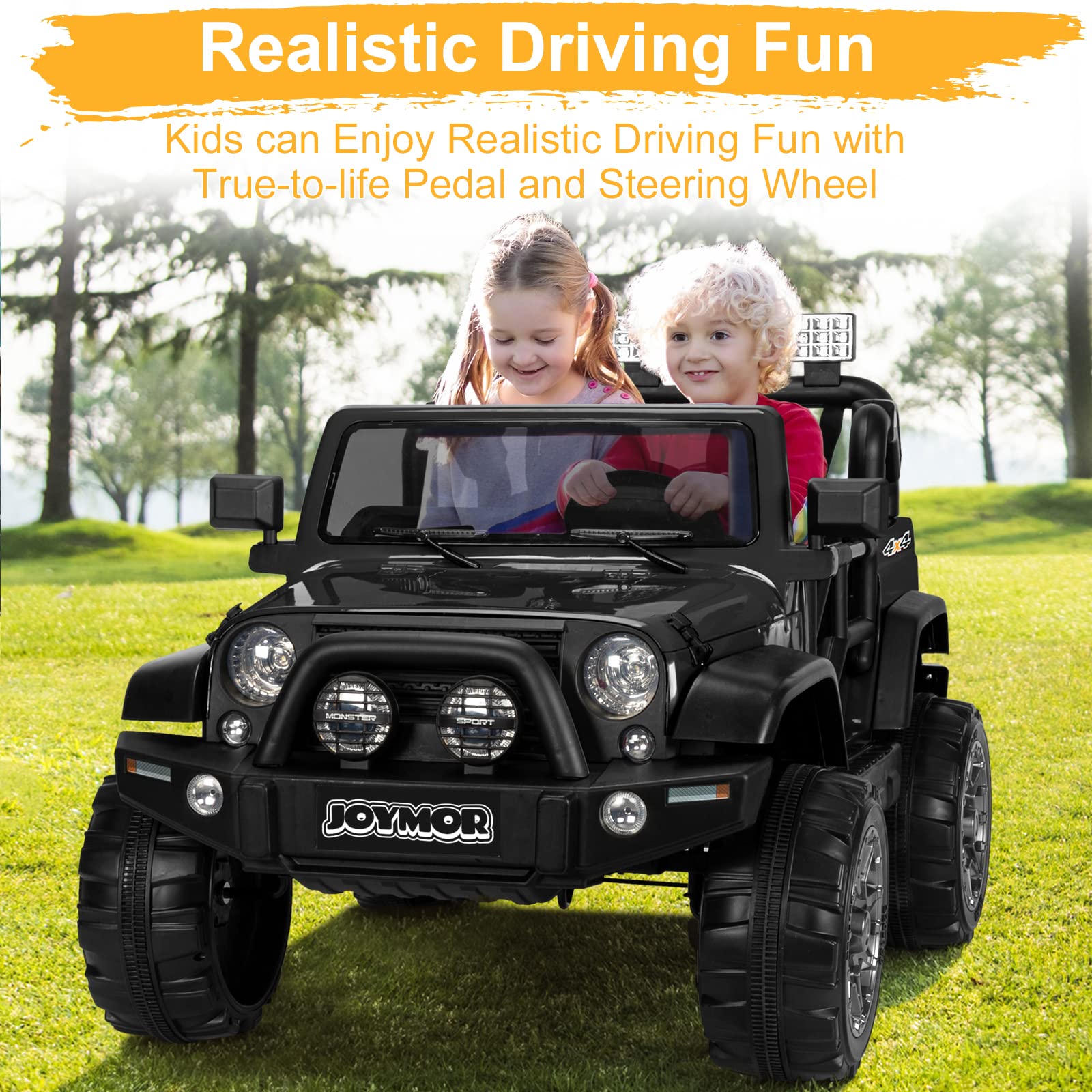 JOYMOR 2 Seat Ride on Truck, 12V Kids Electric Battery Powered Car with Remote Control, Motorized Toddler Vehicles Truck Toy, Adjustable Speeds, MP3 Player, LED, Horn (Two seat, Black)