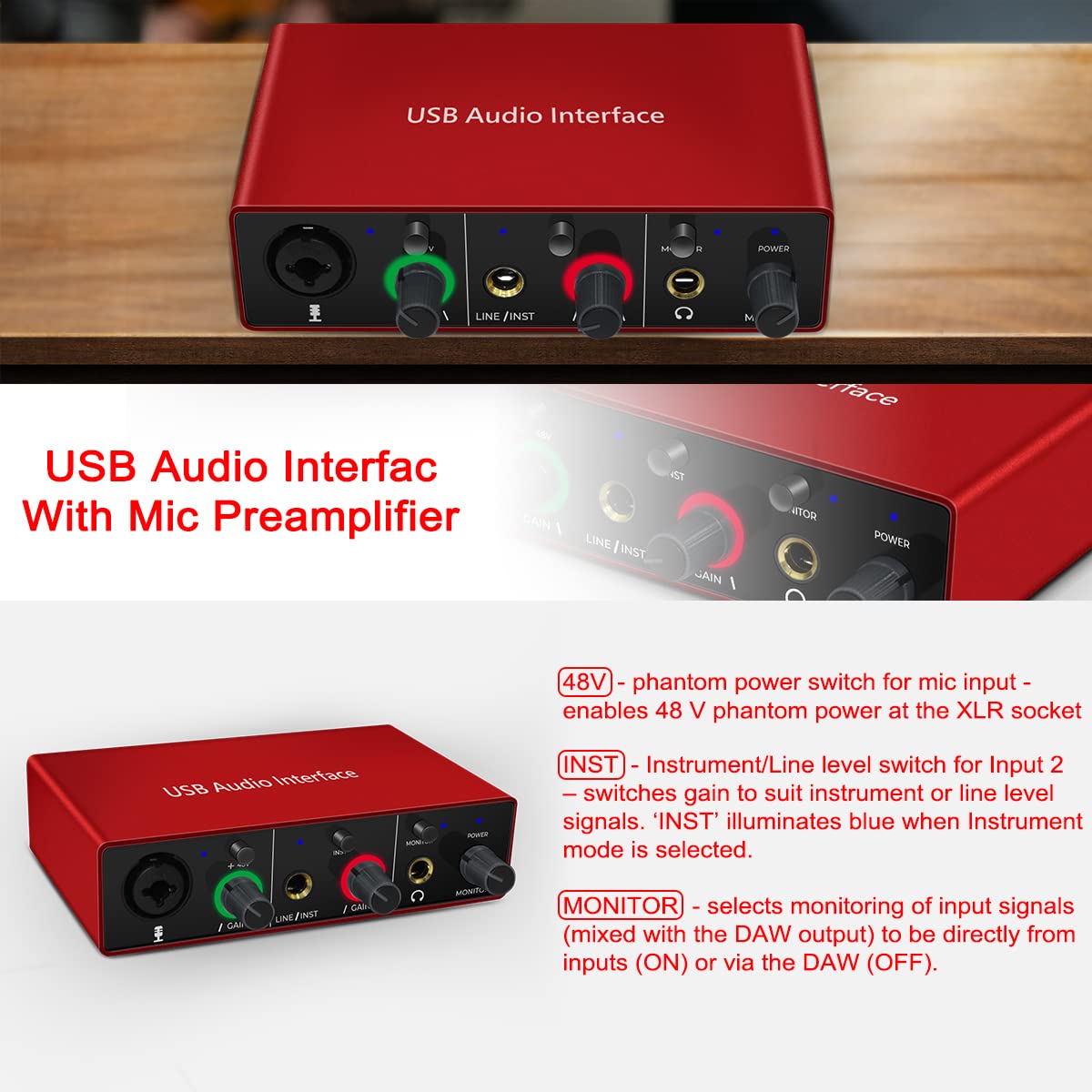 Audio Interface Audio Interface for PC USB Interface mixer recorder with 48V Phantom Power 24 Bit Support Table Mac OS PC Audio Equipments & Music Instruments (No DAW include)