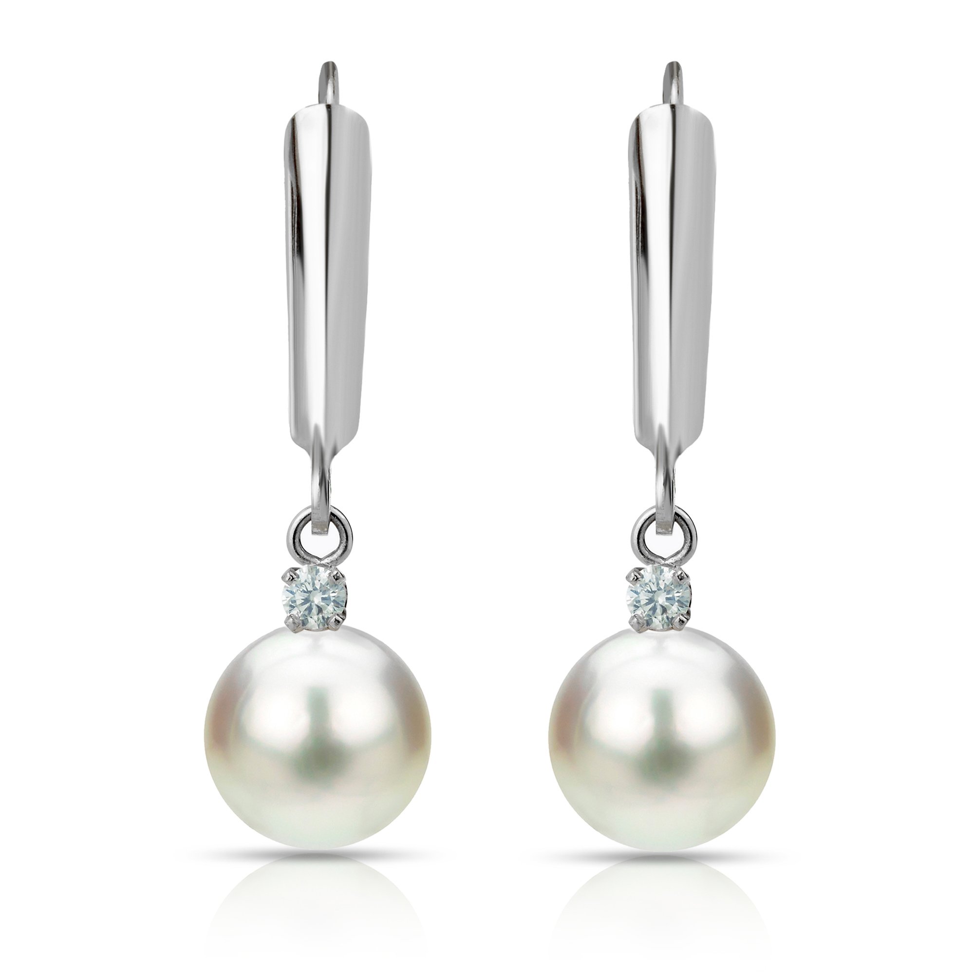 Amazon Collection 14k White Gold 1/16cttw Diamond with 8-8.5mm Round White Freshwater Cultured Pearl Lever-Back Dangle Earrings