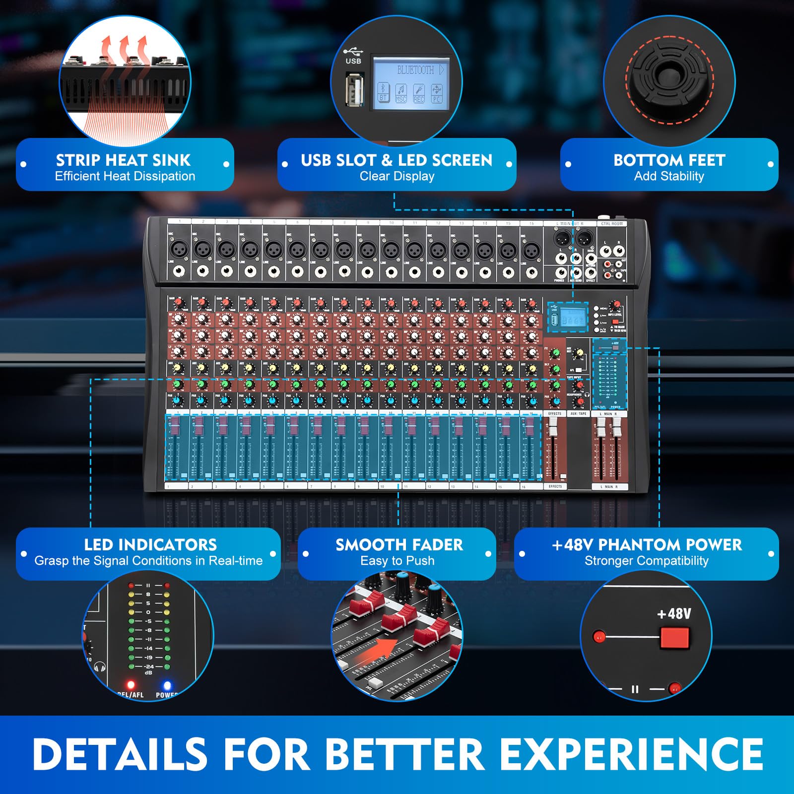 Audio Mixer 16 Channel Bluetooth Live Studio LED Display Professional USB Mixing Console with 3-Band EQ Sound Board Console DJ Studio Audio Mixer for PC Recording Music (16 Channel)