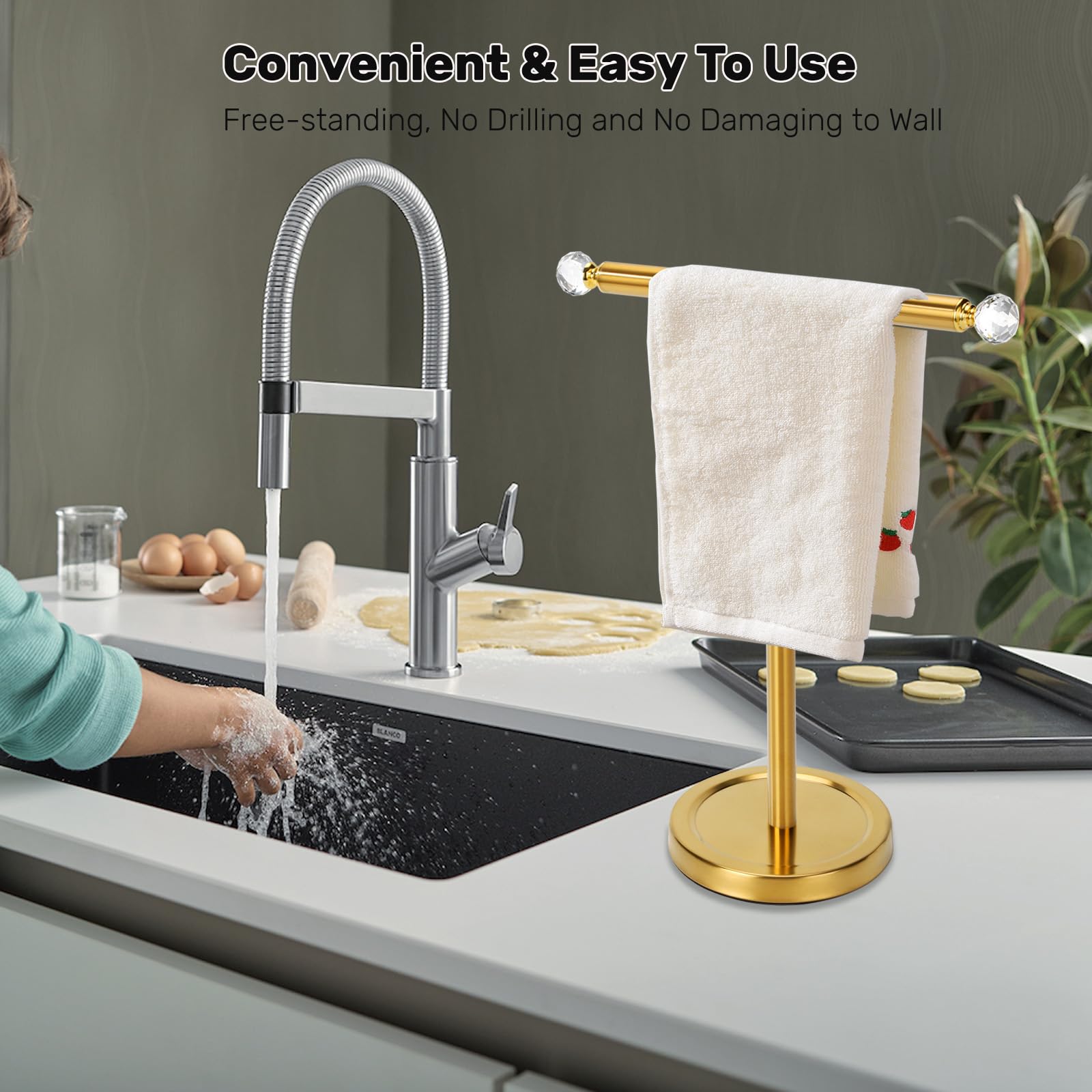 Noonext Gold Hand Towel Holder, Freestanding Hand Towel Rack with Heavy Base, Stainless Steel Towel Holder Countertop for Bathroom (Brushed Gold)