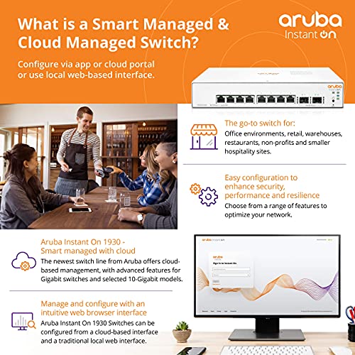 Aruba a Hewlett Packard Enterprise company HPE Networking 1930 8-Port Gb Smart-Managed Layer 2+ Ethernet Switch with PoE | 8X 1G | 2X SFP | 8X CL4 PoE 124W | US Cord (JL681A#ABA)