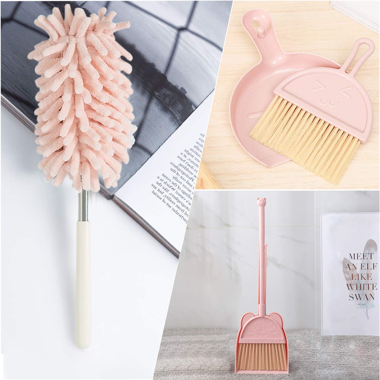 Kalolary 5 Pcs Mini Broom and Dustpan Set, Mini Broom with Dustpan for Home, Little Broom Dustpan Set with Extendable Duster for Cleaning for Office Home Table Desk Key Board