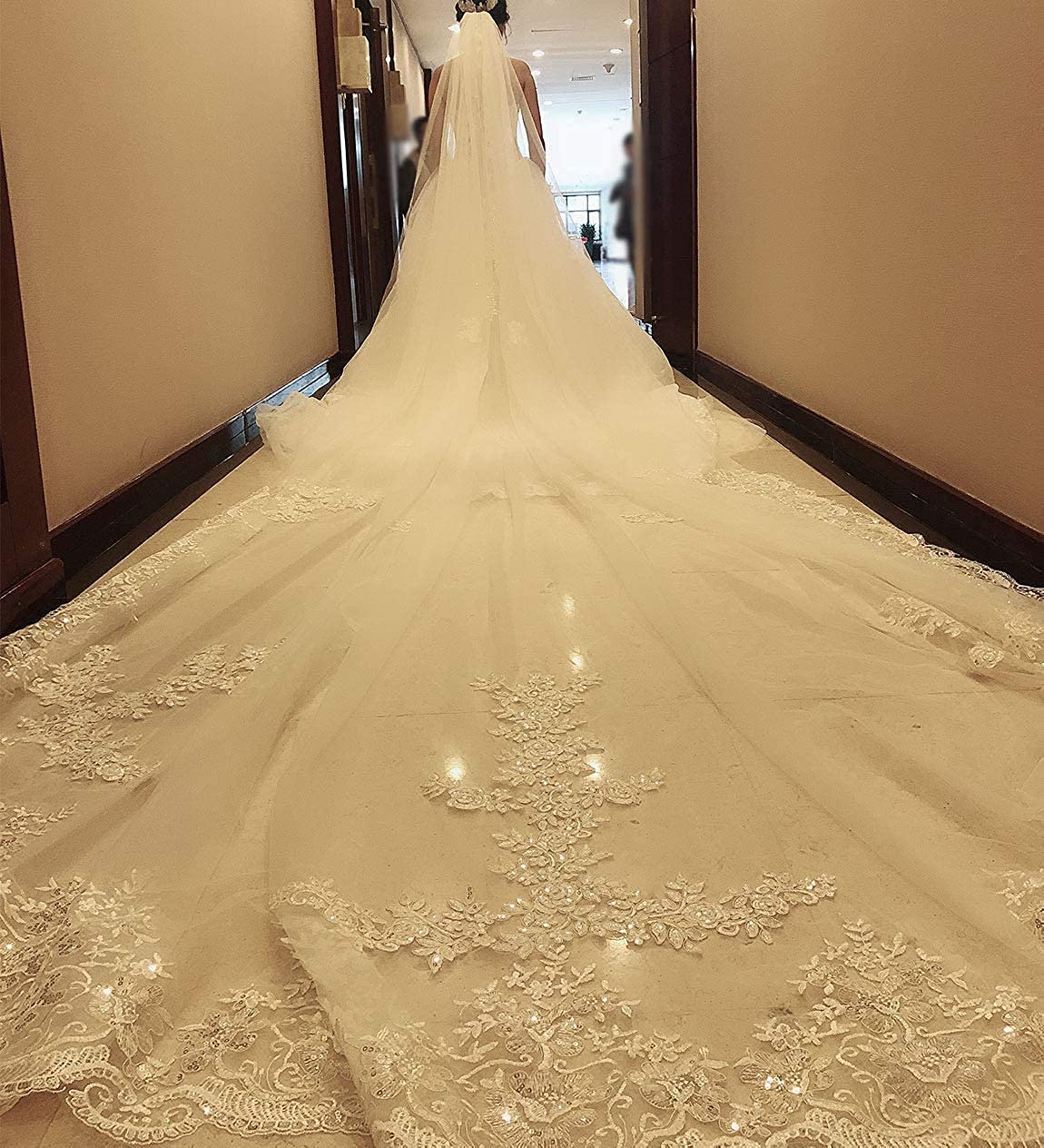 FAIOKAVER Wedding Veils Cathedral Long Floral Sequins Lace 5 Meters 1 Tier with Comb